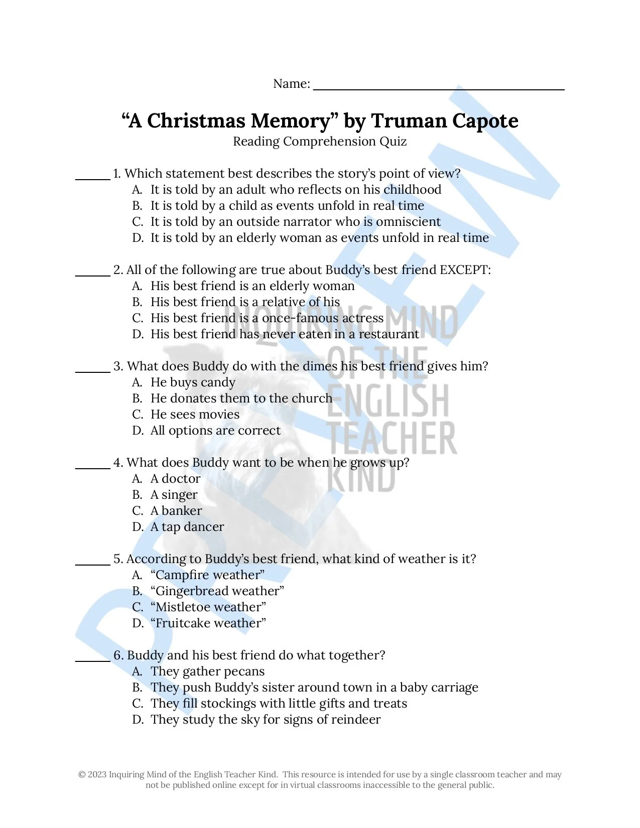 "A Christmas Memory" by Truman Capote Quiz, Close Reading Worksheet ...