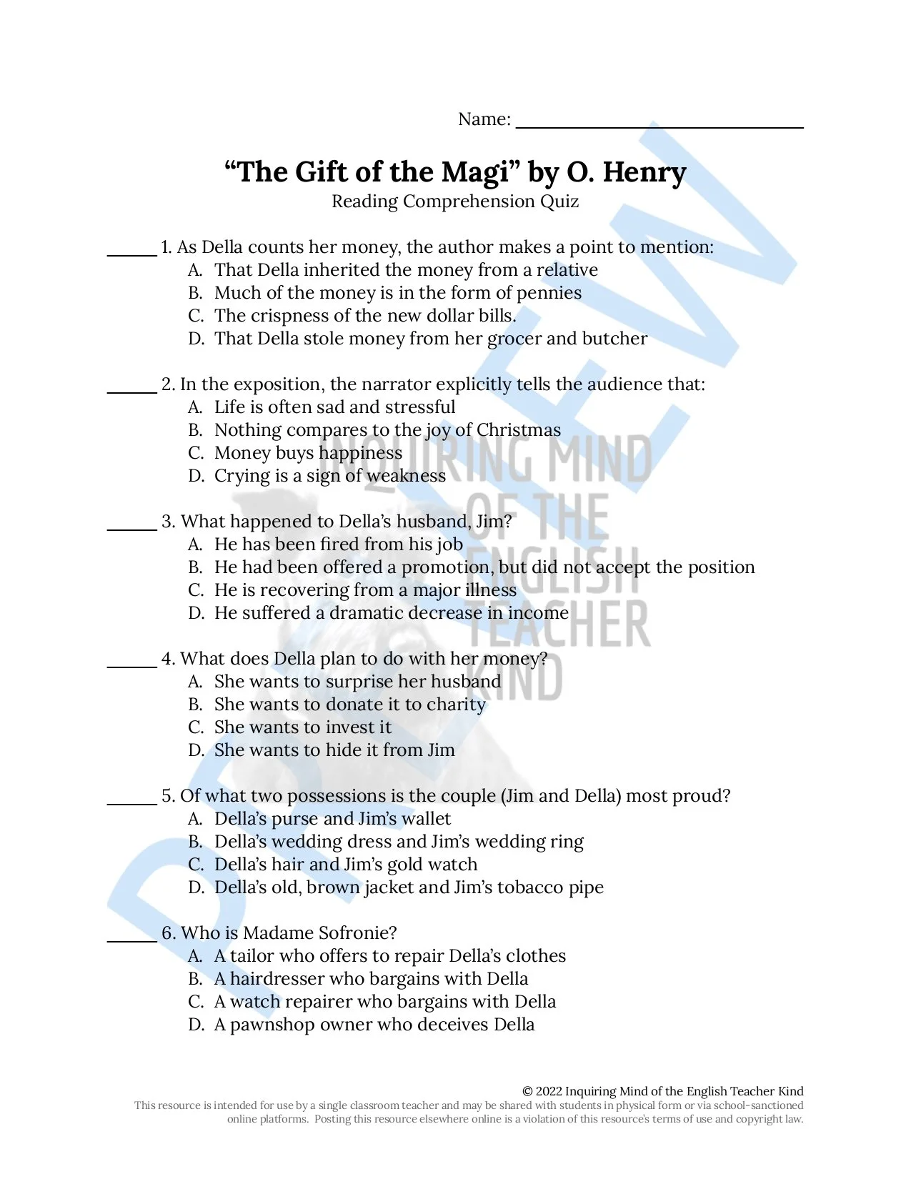 "The Gift of the Magi" by O. Henry Quiz, Close Reading, and Vocabulary ...