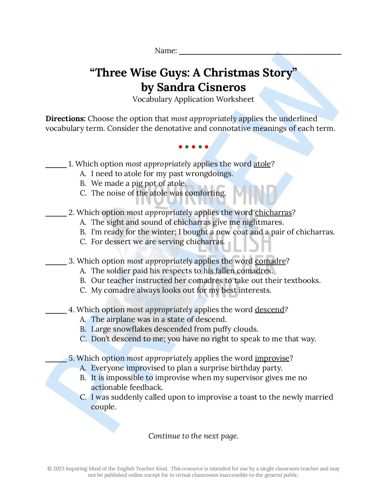 "Three Wise Guys" by Sandra Cisneros Quiz, Close Reading, and ...