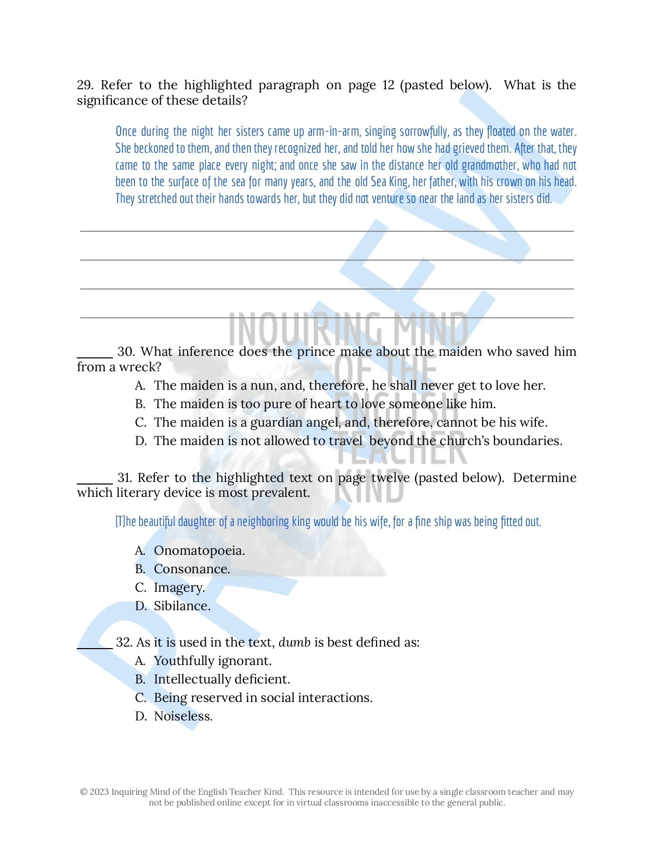 "The Little Mermaid" Quiz, Close Reading Activities, and Vocabulary ...