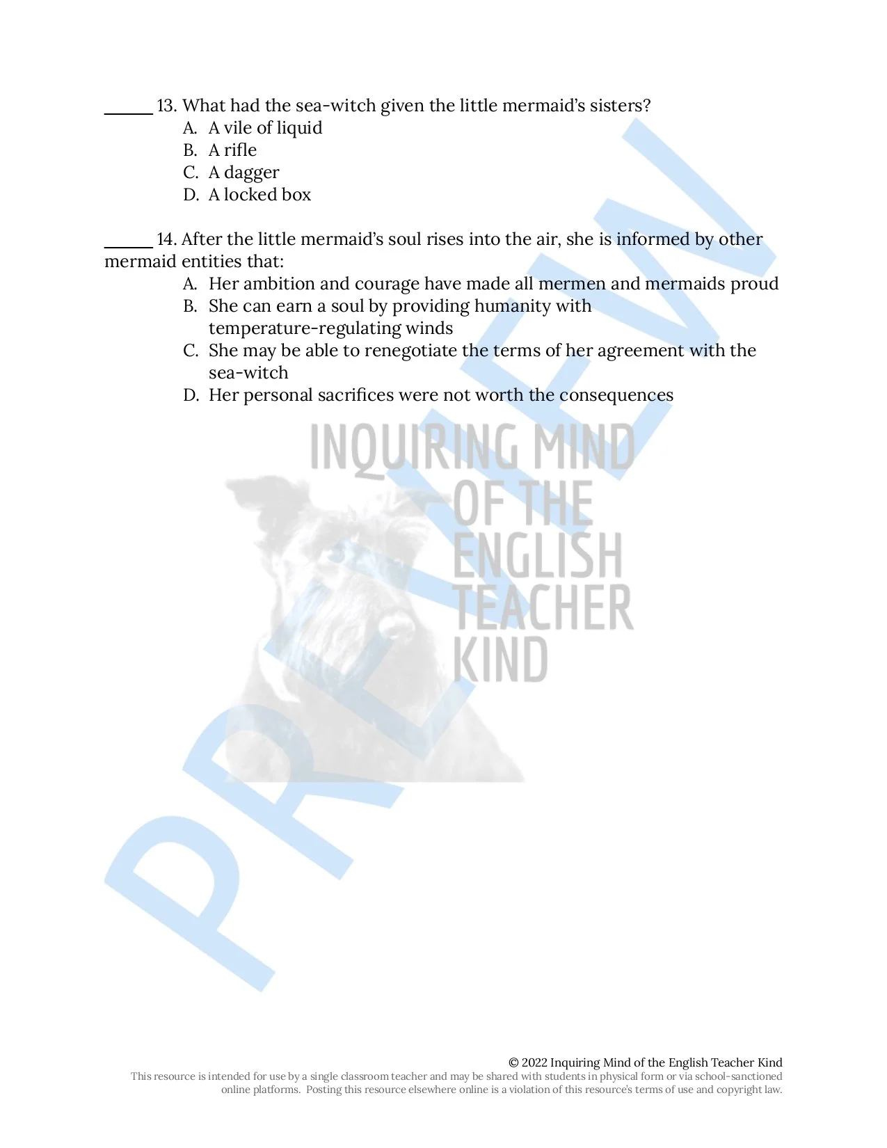 "The Little Mermaid" Quiz, Close Reading Activities, and Vocabulary ...