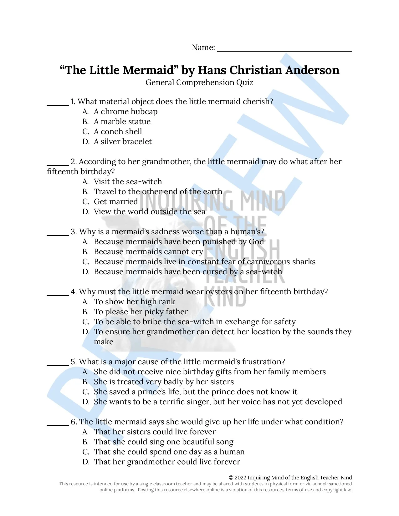 "The Little Mermaid" Quiz, Close Reading Activities, and Vocabulary ...