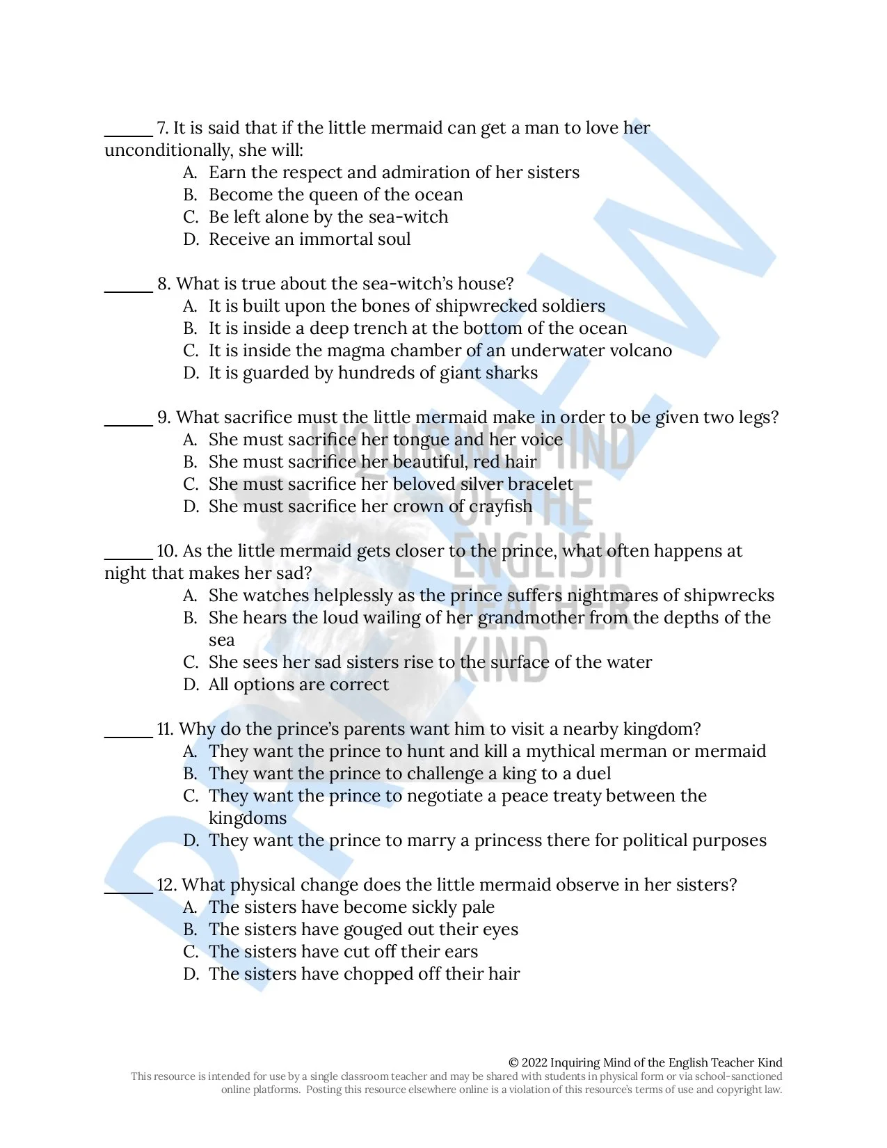 "The Little Mermaid" Quiz, Close Reading Activities, and Vocabulary ...