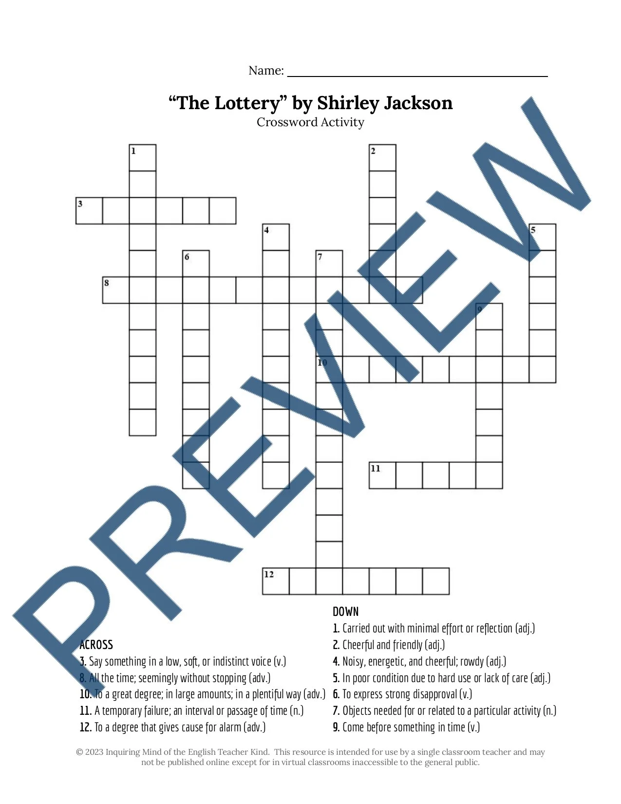 "The Lottery" by Shirley Jackson Quiz, Close Reading, and Vocabulary ...