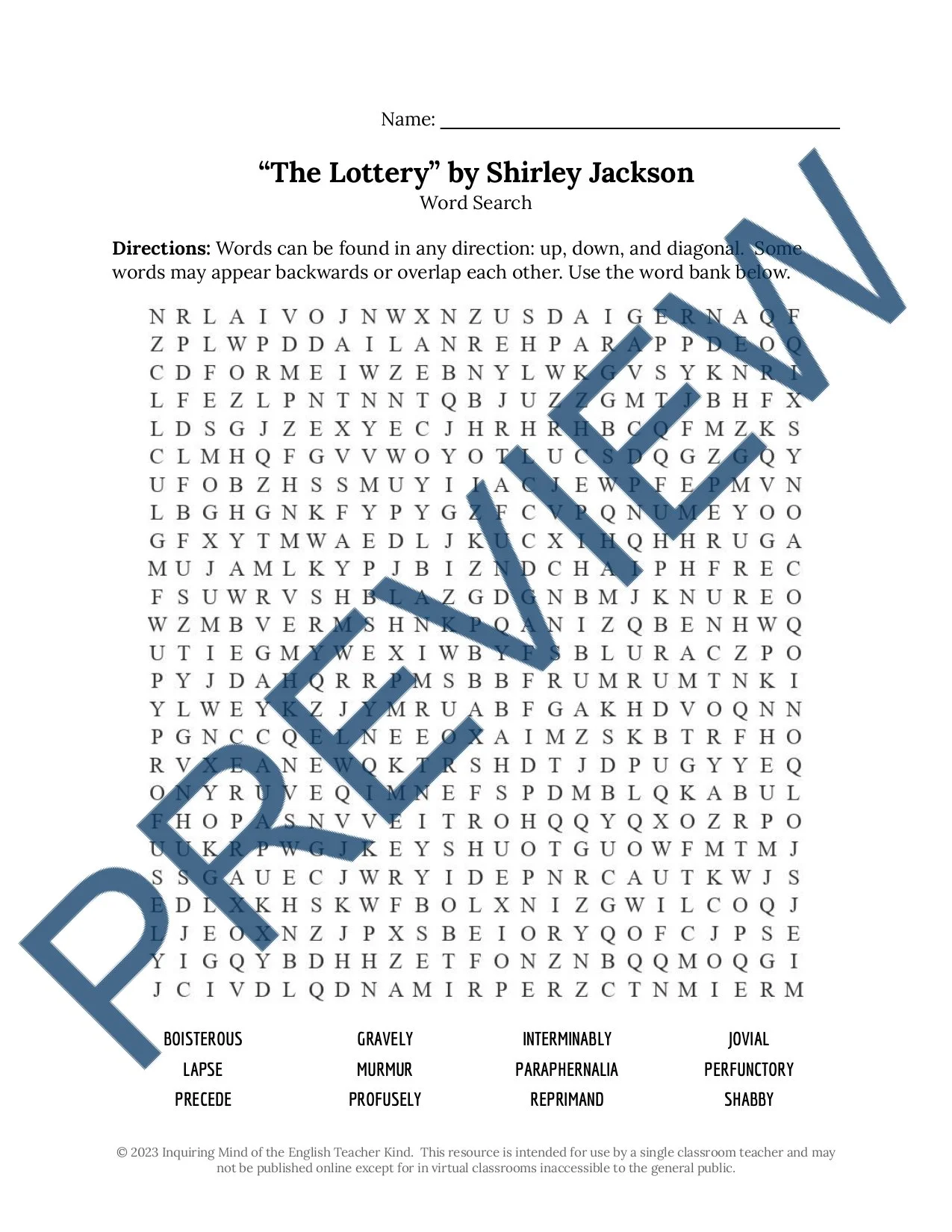 "The Lottery" by Shirley Jackson Quiz, Close Reading, and Vocabulary ...