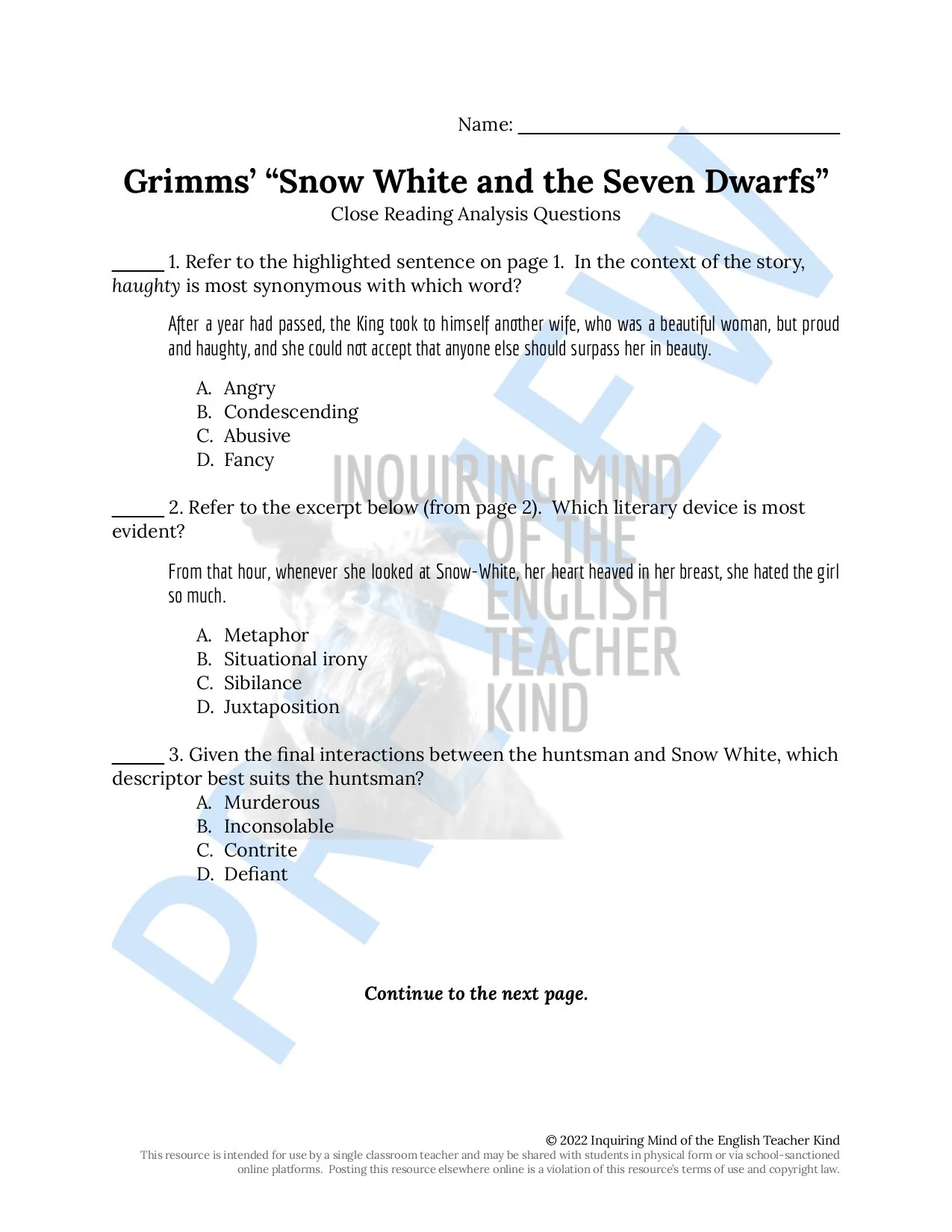 "Snow White and the Seven Dwarfs" Quiz, Close Reading, and Vocab Games ...