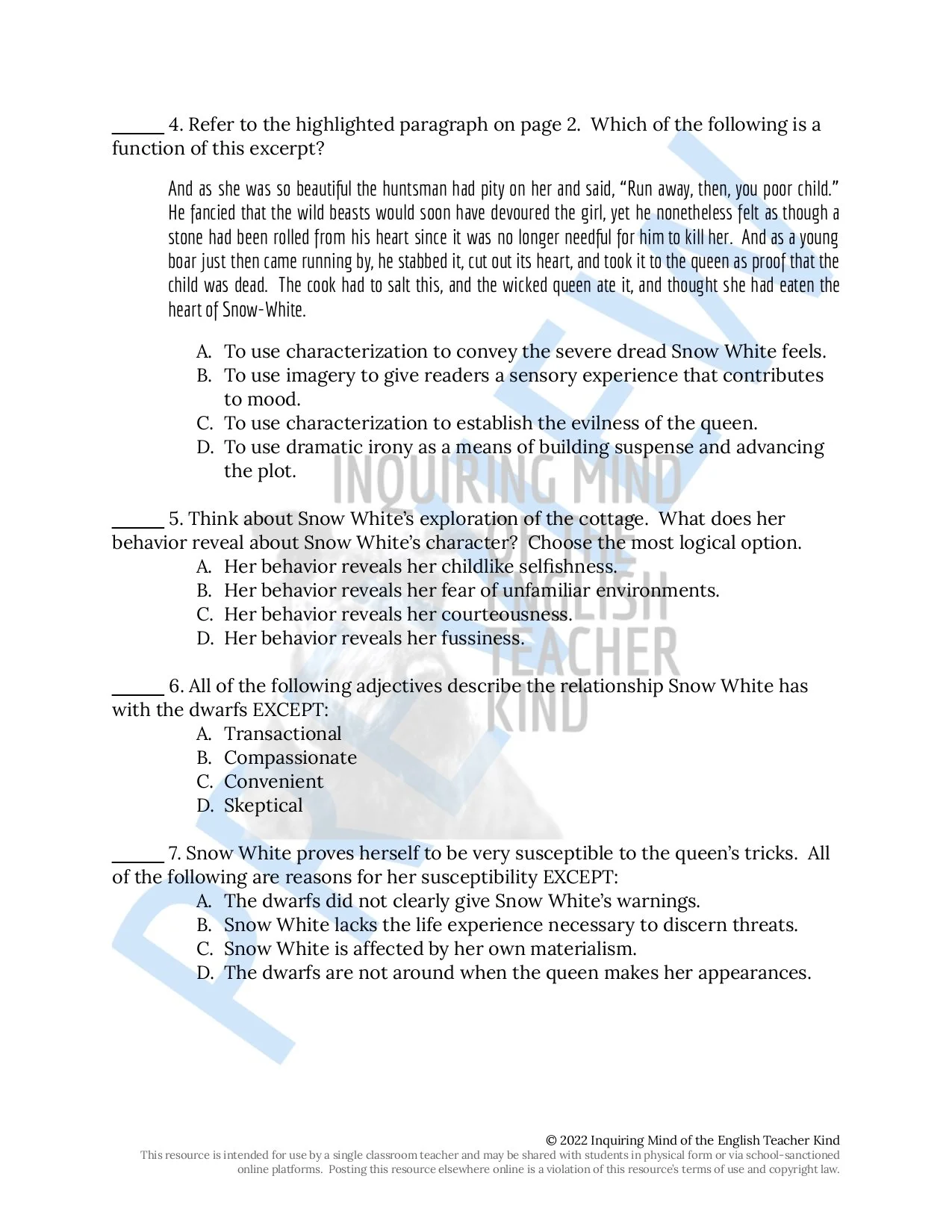"Snow White and the Seven Dwarfs" Quiz, Close Reading, and Vocab Games ...