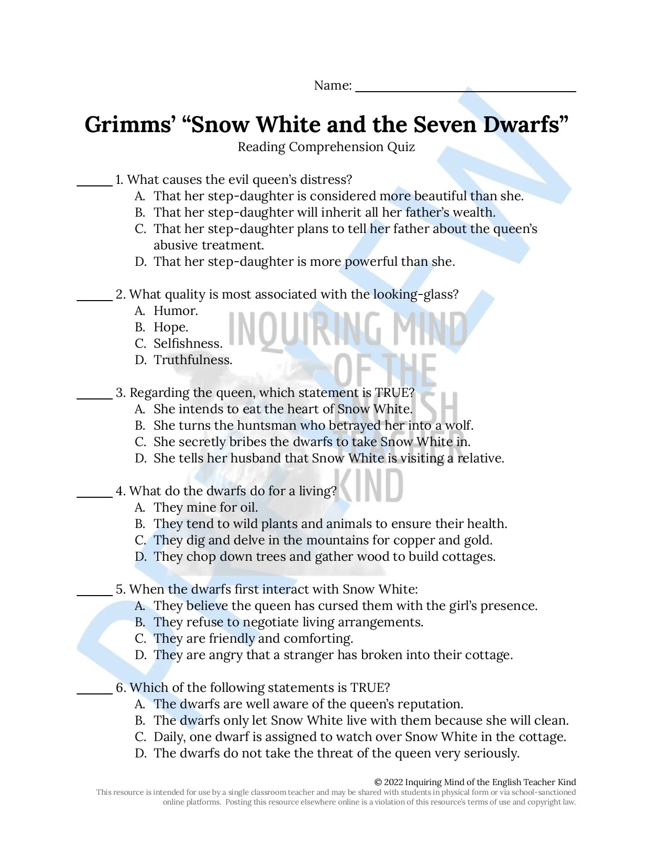 "Snow White and the Seven Dwarfs" Quiz, Close Reading, and Vocab Games ...