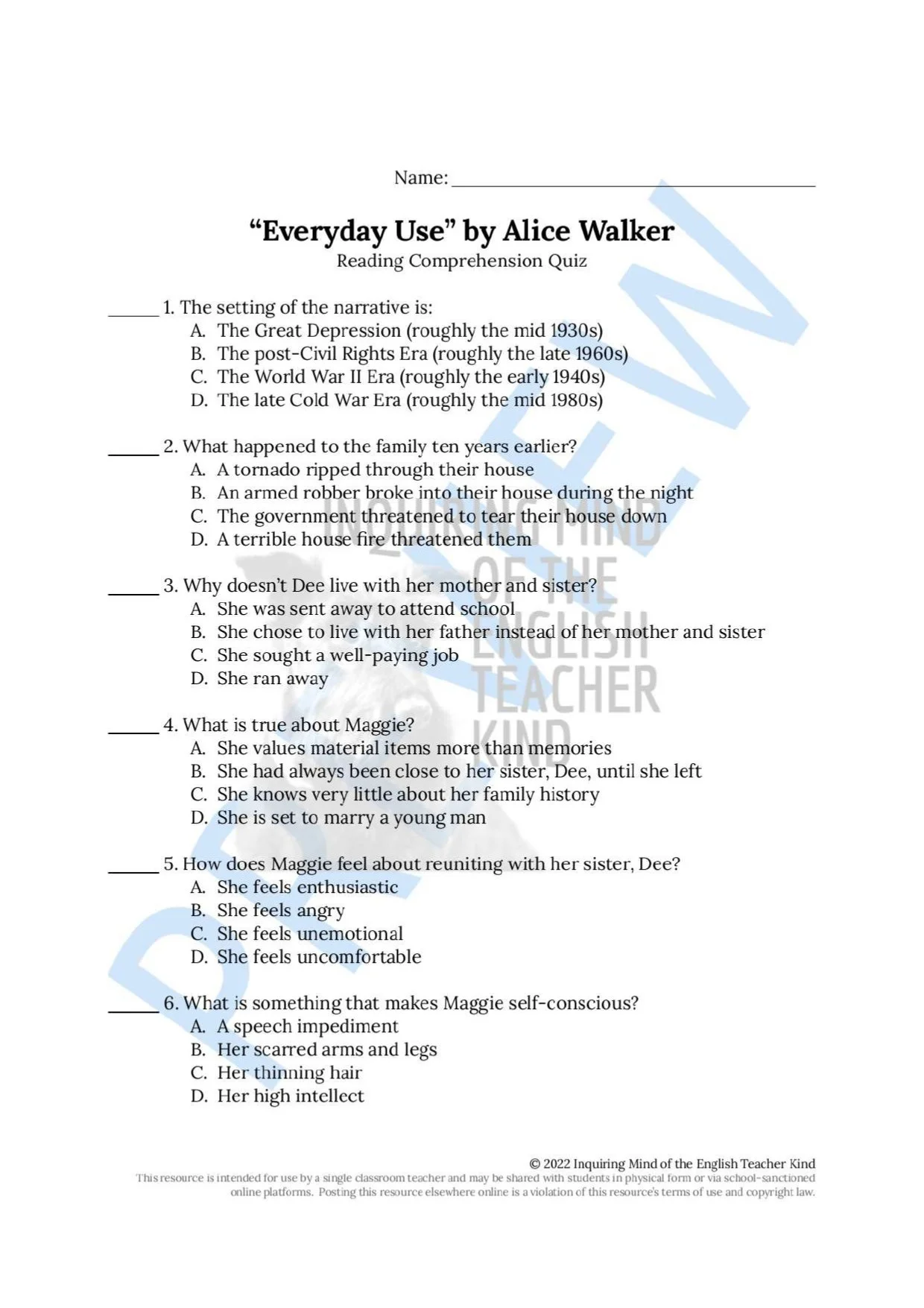 "Everyday Use" by Alice Walker Quiz, Close Reading, and Vocabulary ...