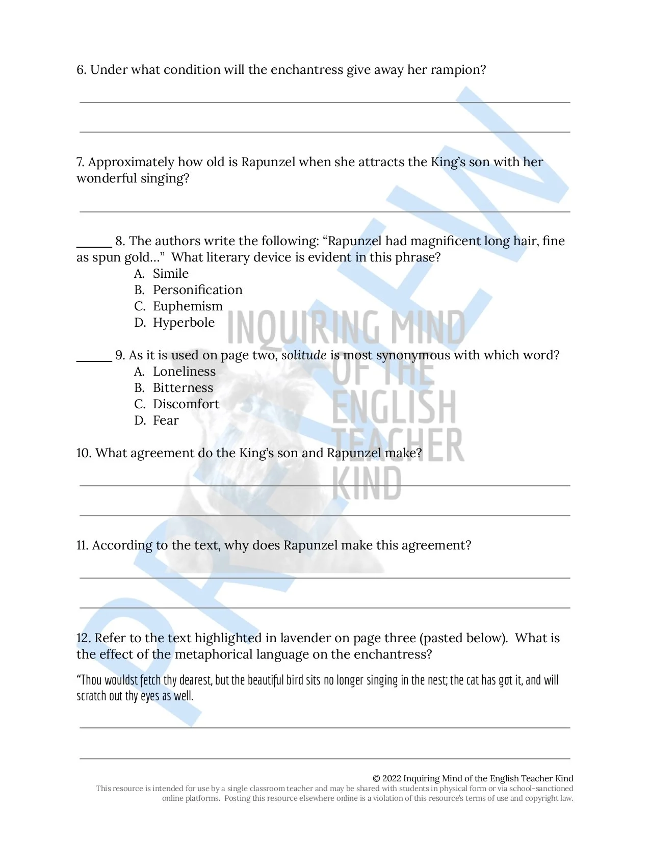 "Rapunzel" by the Brothers Grimm Quiz, Close Reading, and Vocabulary ...