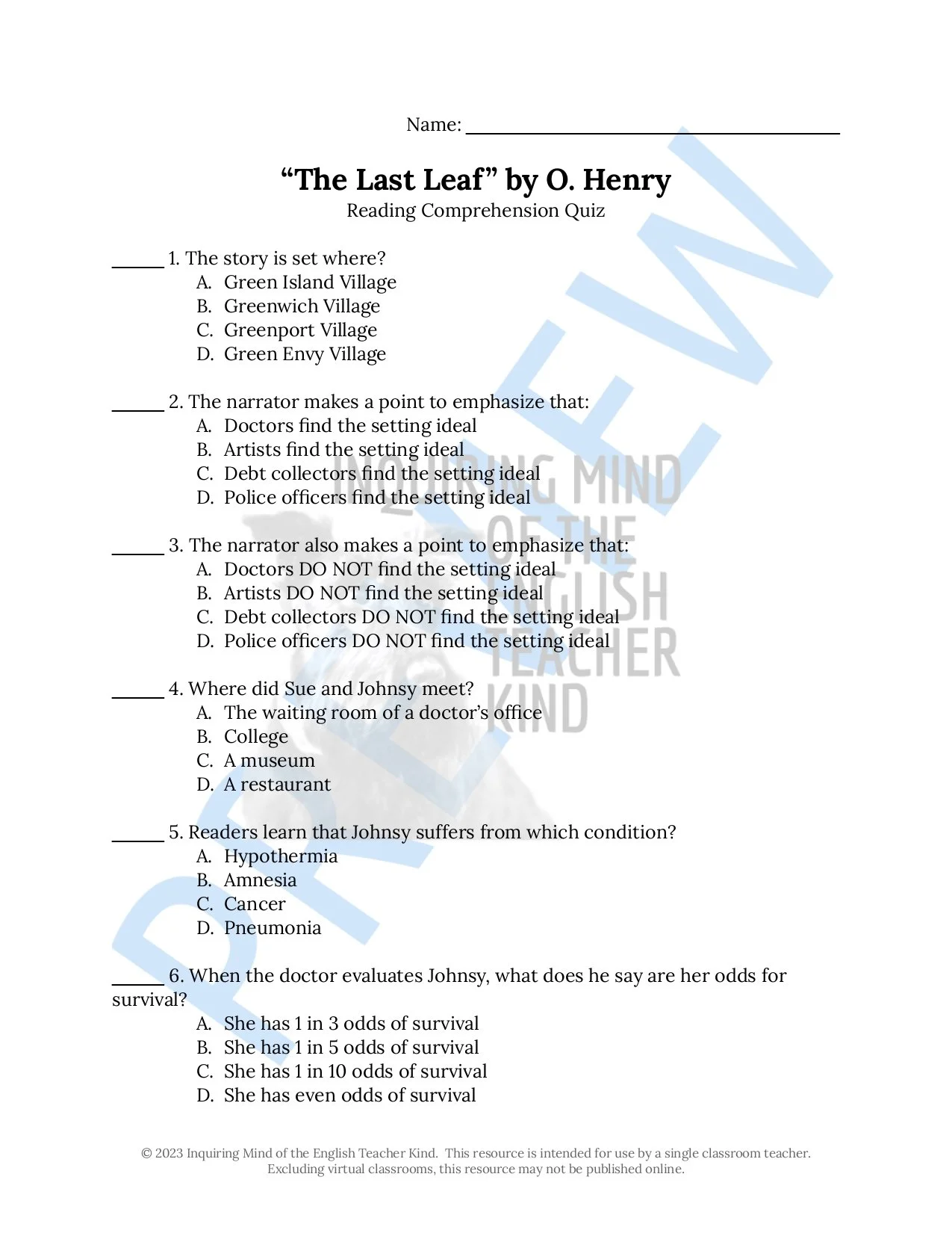 "The Last Leaf" by O. Henry Quiz, Close Reading, and Vocabulary Games ...
