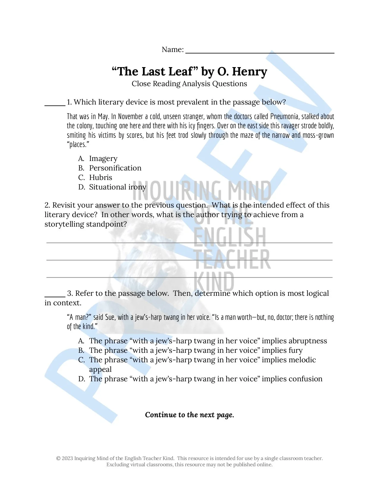 "The Last Leaf" by O. Henry Quiz, Close Reading, and Vocabulary Games ...