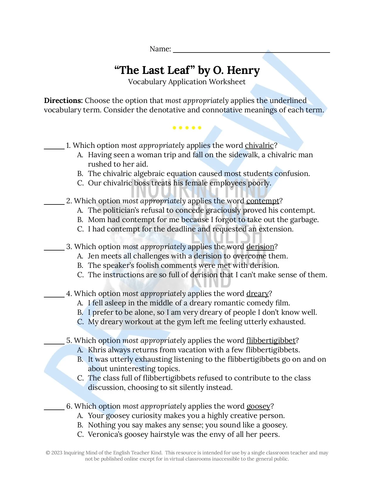 "The Last Leaf" by O. Henry Quiz, Close Reading, and Vocabulary Games ...