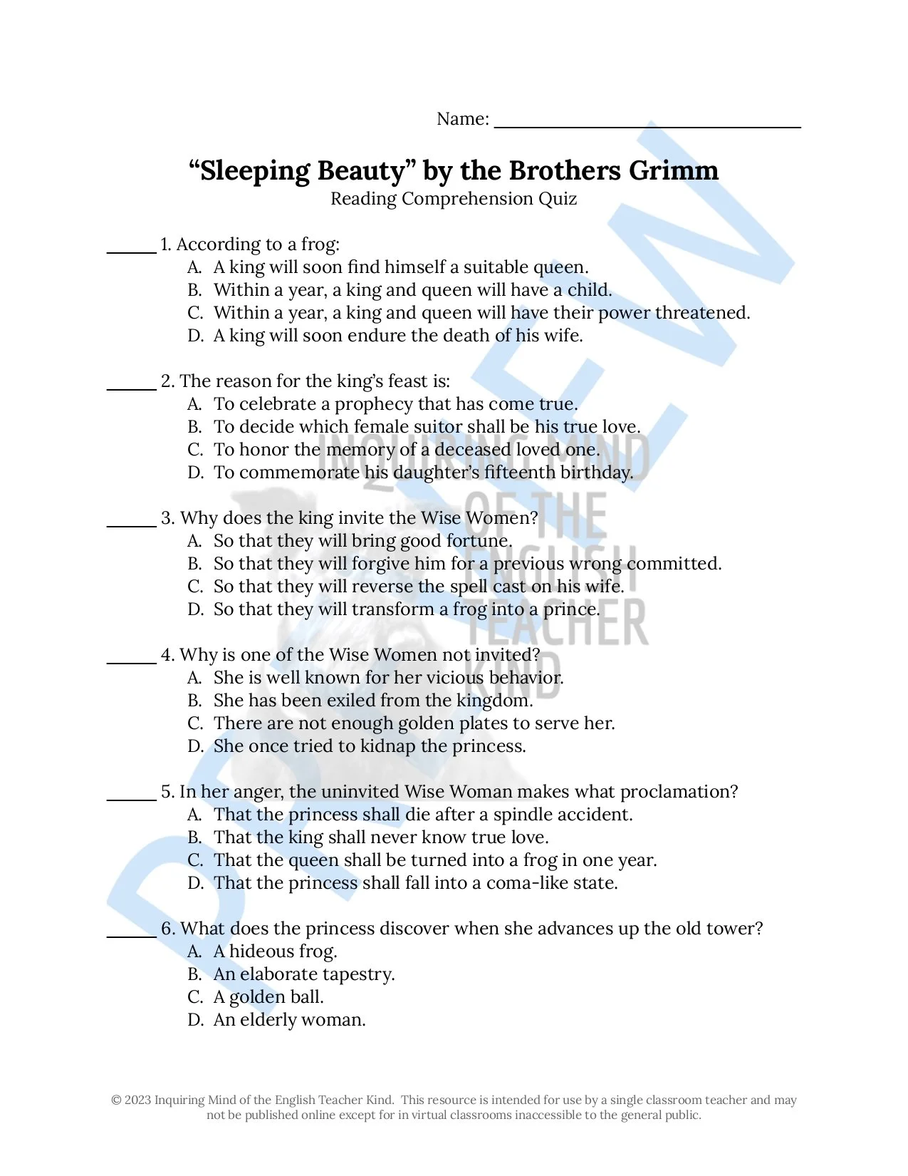 "Sleeping Beauty" by the Brothers Grimm Quiz, Close Reading, and ...