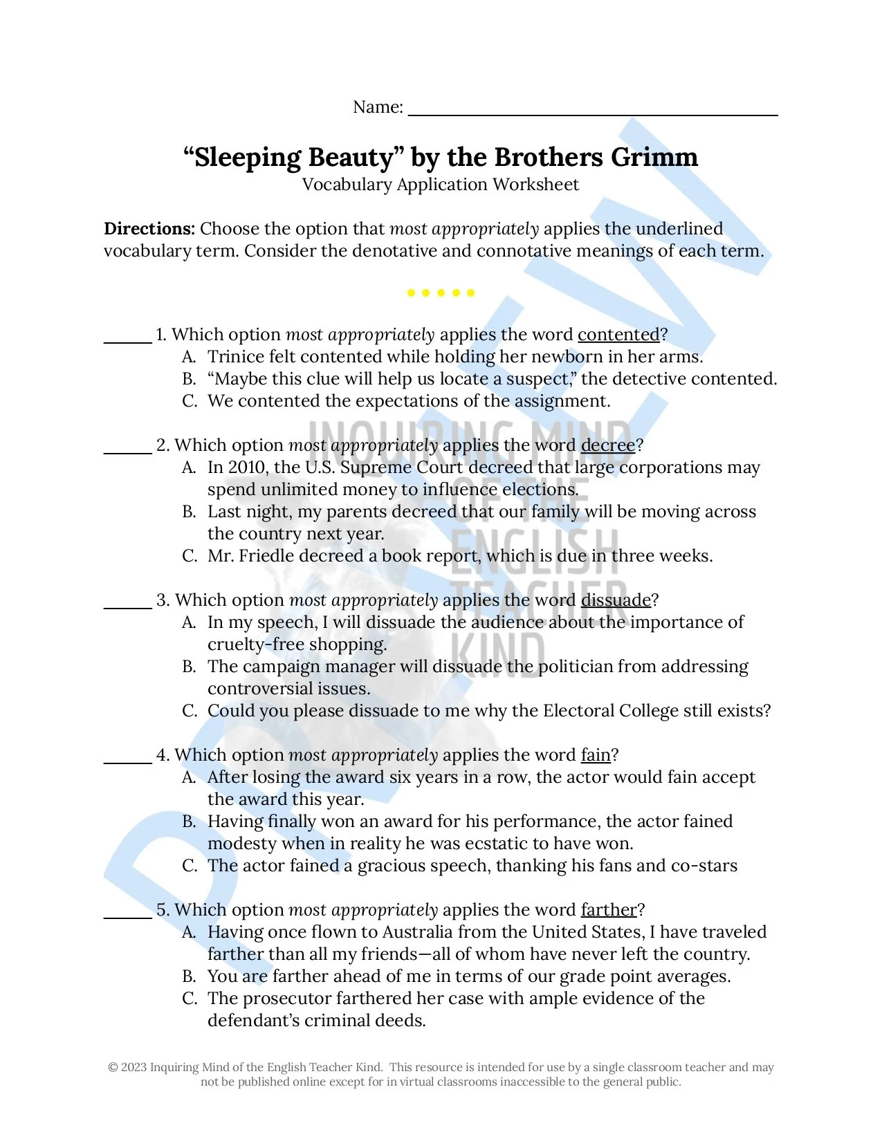 "Sleeping Beauty" by the Brothers Grimm Quiz, Close Reading, and ...