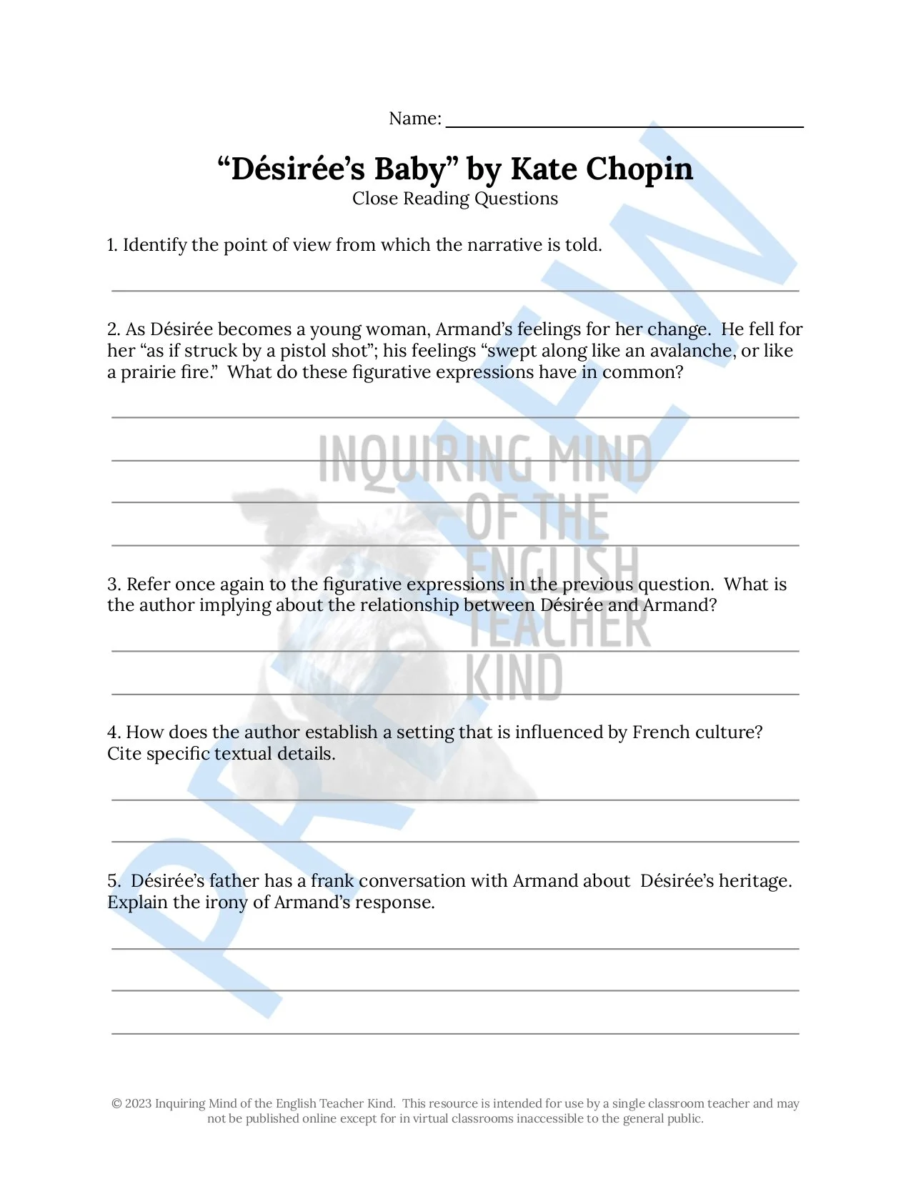 "Desiree's Baby" by Kate Chopin Quiz, Close Reading, and Vocabulary ...