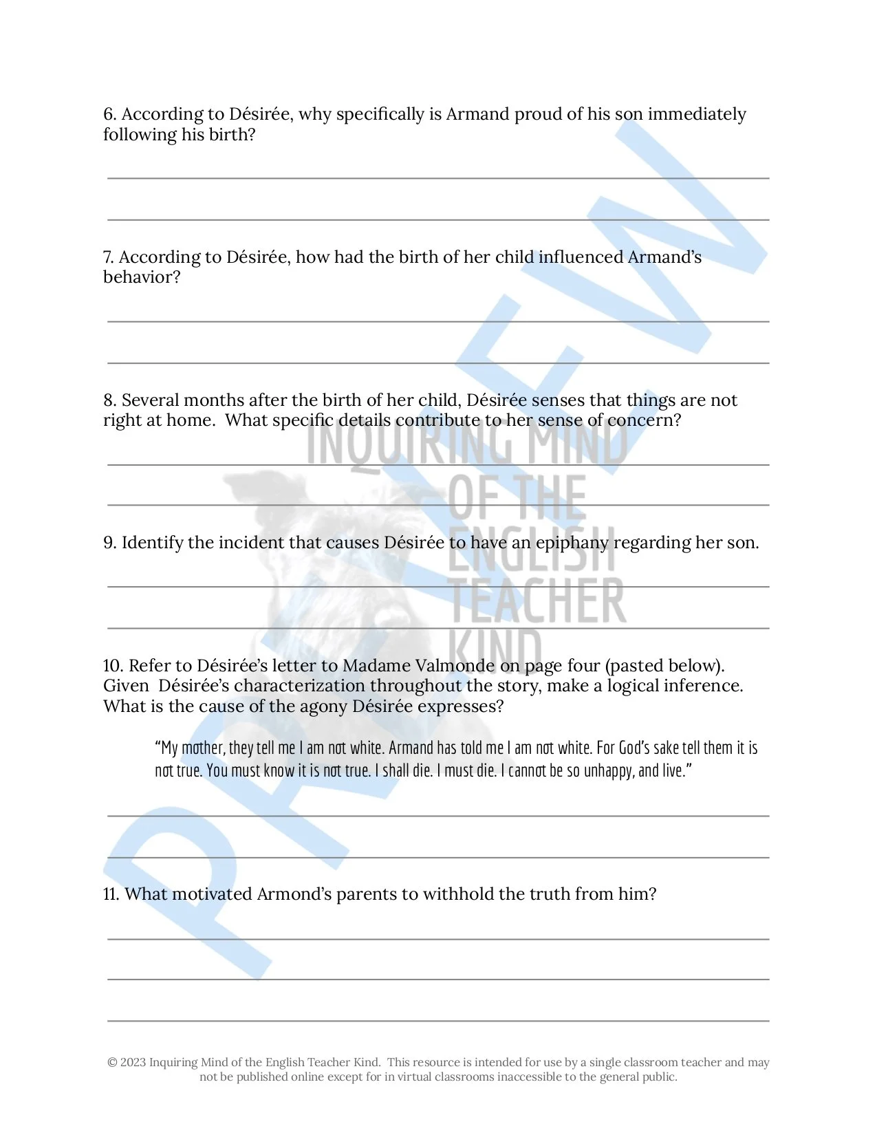 "Desiree's Baby" by Kate Chopin Quiz, Close Reading, and Vocabulary ...