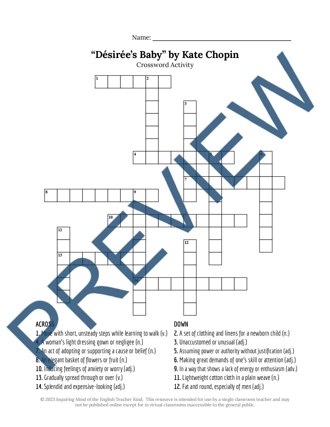 "Desiree's Baby" by Kate Chopin Quiz, Close Reading, and Vocabulary ...