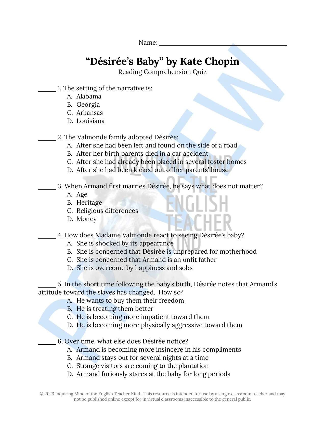 "Desiree's Baby" by Kate Chopin Quiz, Close Reading, and Vocabulary ...