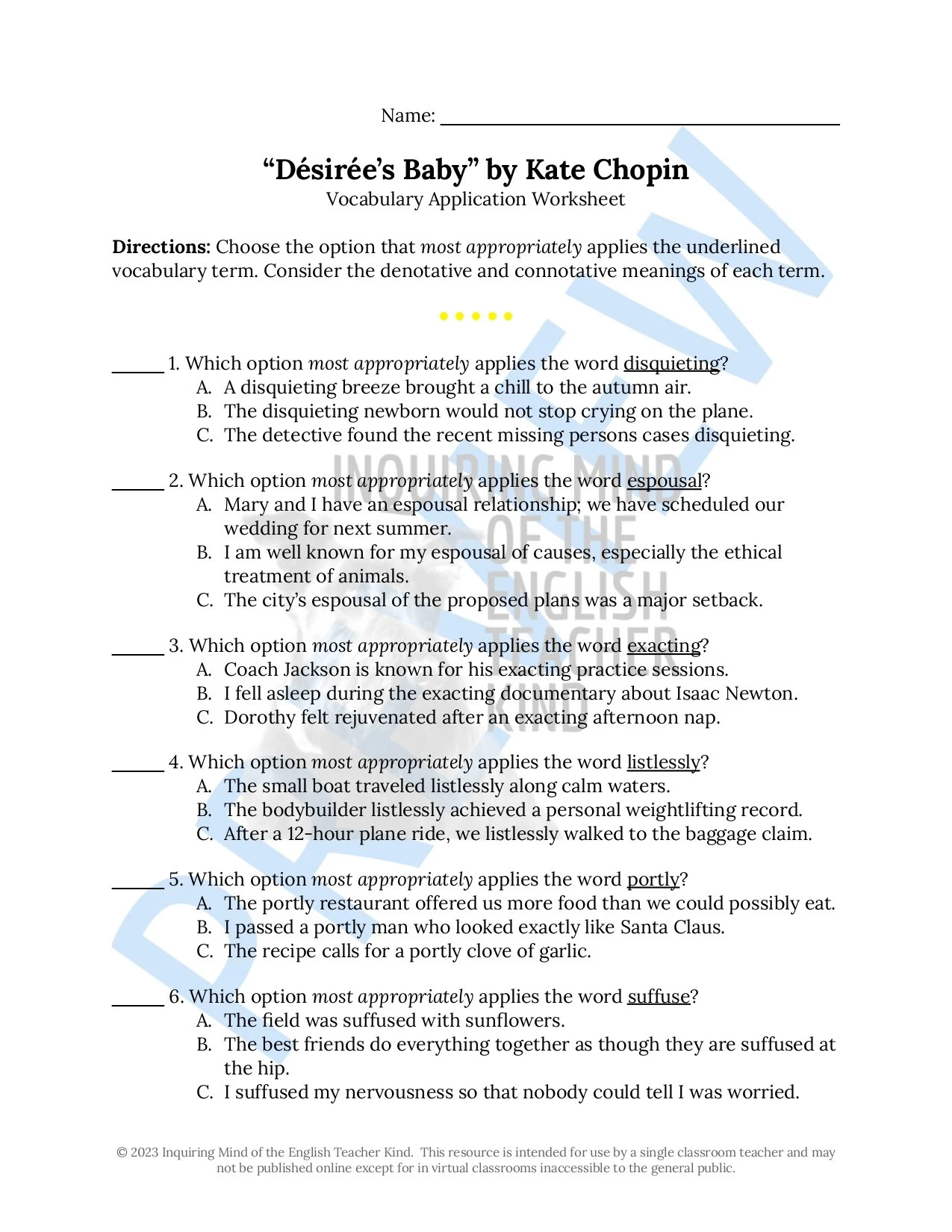 "Desiree's Baby" by Kate Chopin Quiz, Close Reading, and Vocabulary ...