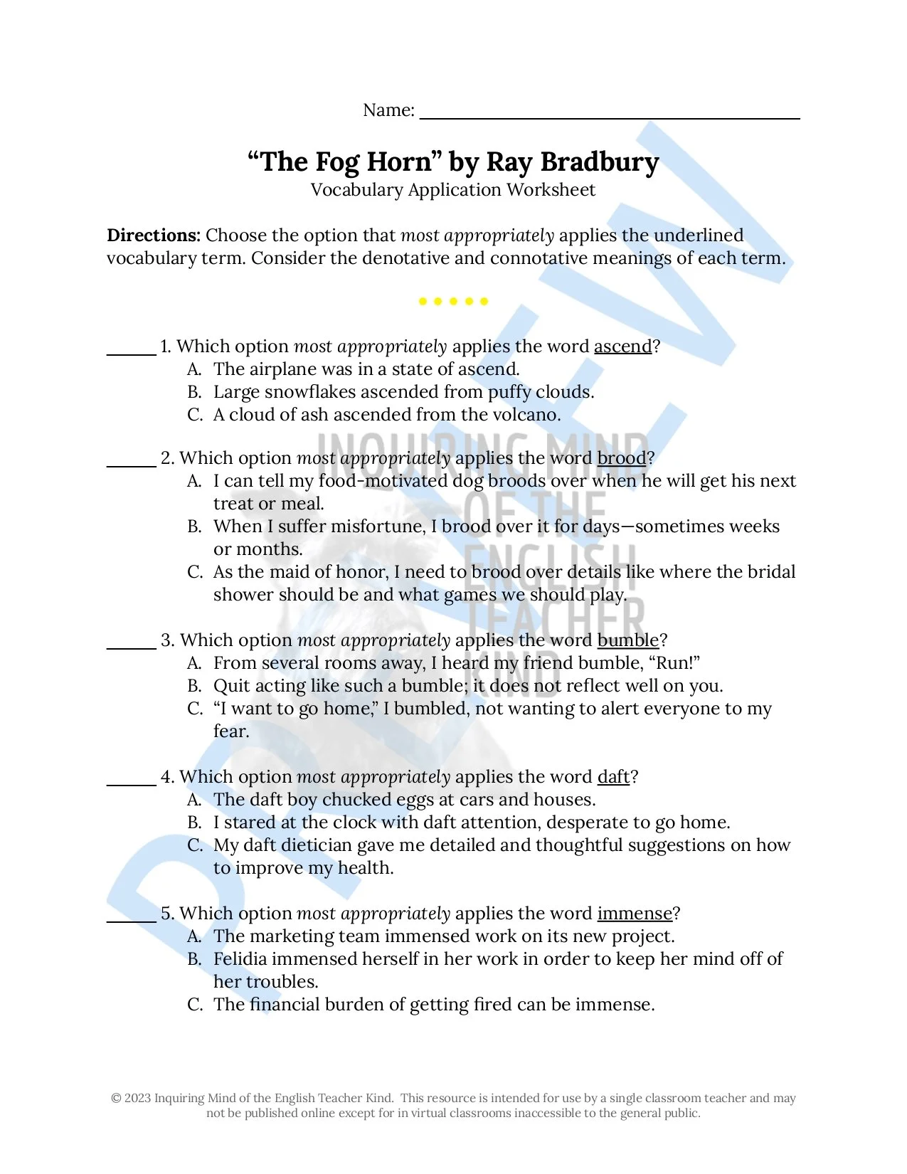 "The Fog Horn" by Ray Bradbury Quiz, Close Reading, and Vocabulary ...