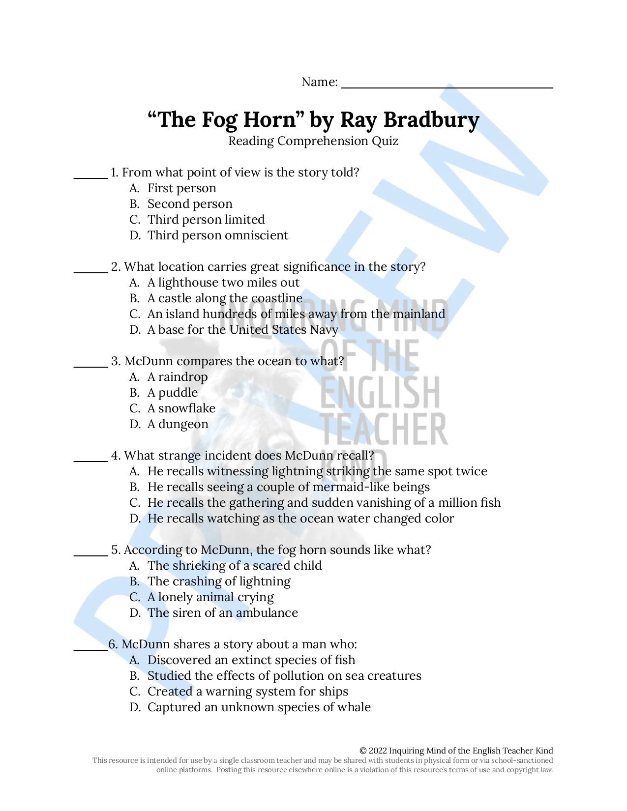 "The Fog Horn" by Ray Bradbury Quiz, Close Reading, and Vocabulary ...