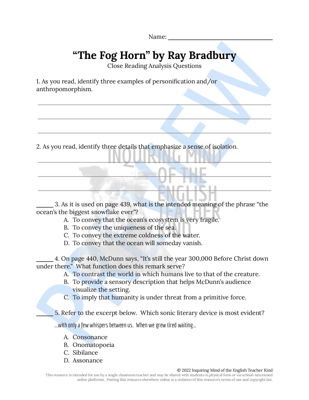 "The Fog Horn" by Ray Bradbury Quiz, Close Reading, and Vocabulary ...