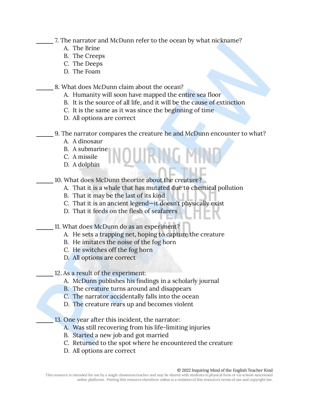"The Fog Horn" by Ray Bradbury Quiz, Close Reading, and Vocabulary ...