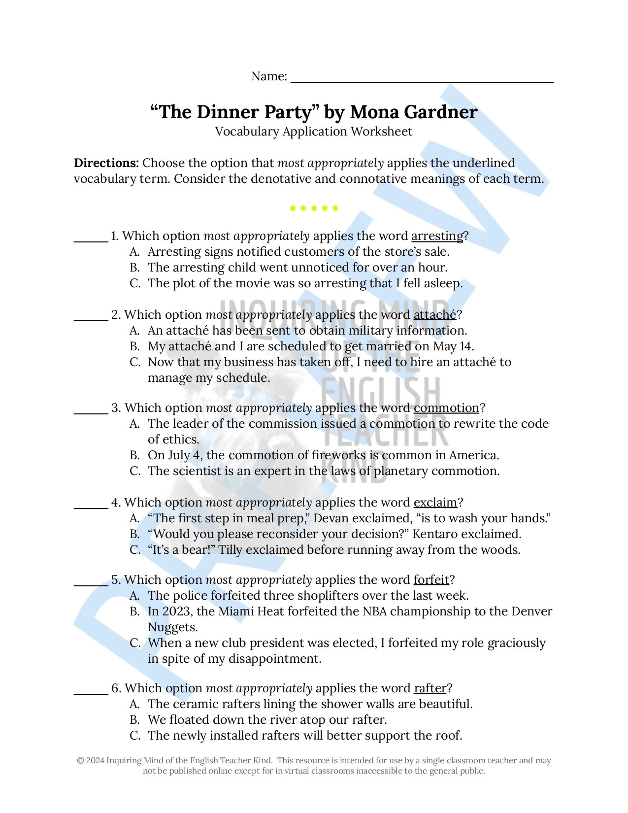 "The Dinner Party" by Mona Gardner Quiz, Close Reading, and Vocabulary ...