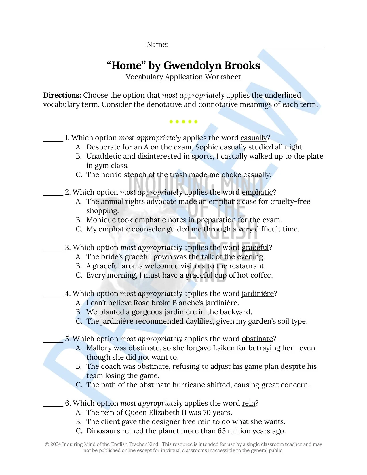 "Home" by Gwendolyn Brooks Quiz, Close Reading, and Vocabulary Games ...