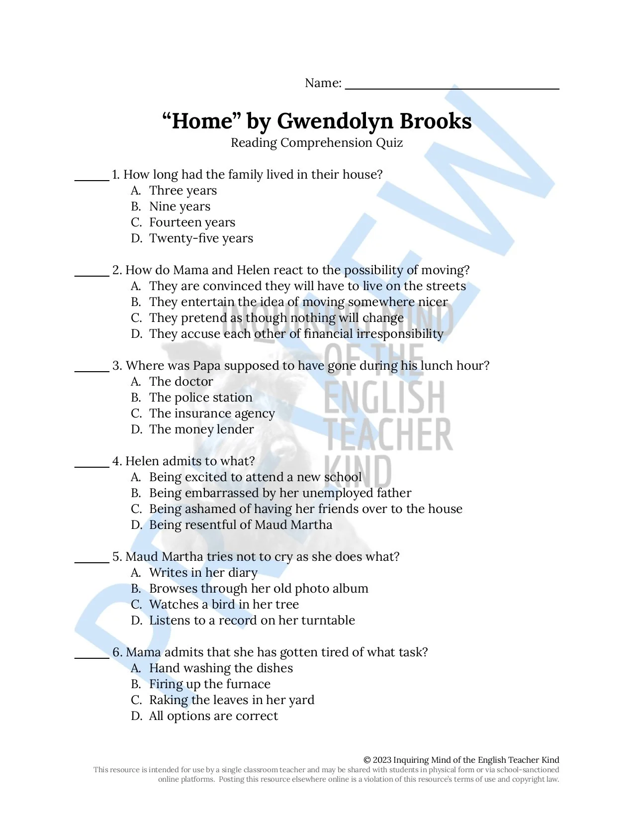 "Home" by Gwendolyn Brooks Quiz, Close Reading, and Vocabulary Games ...