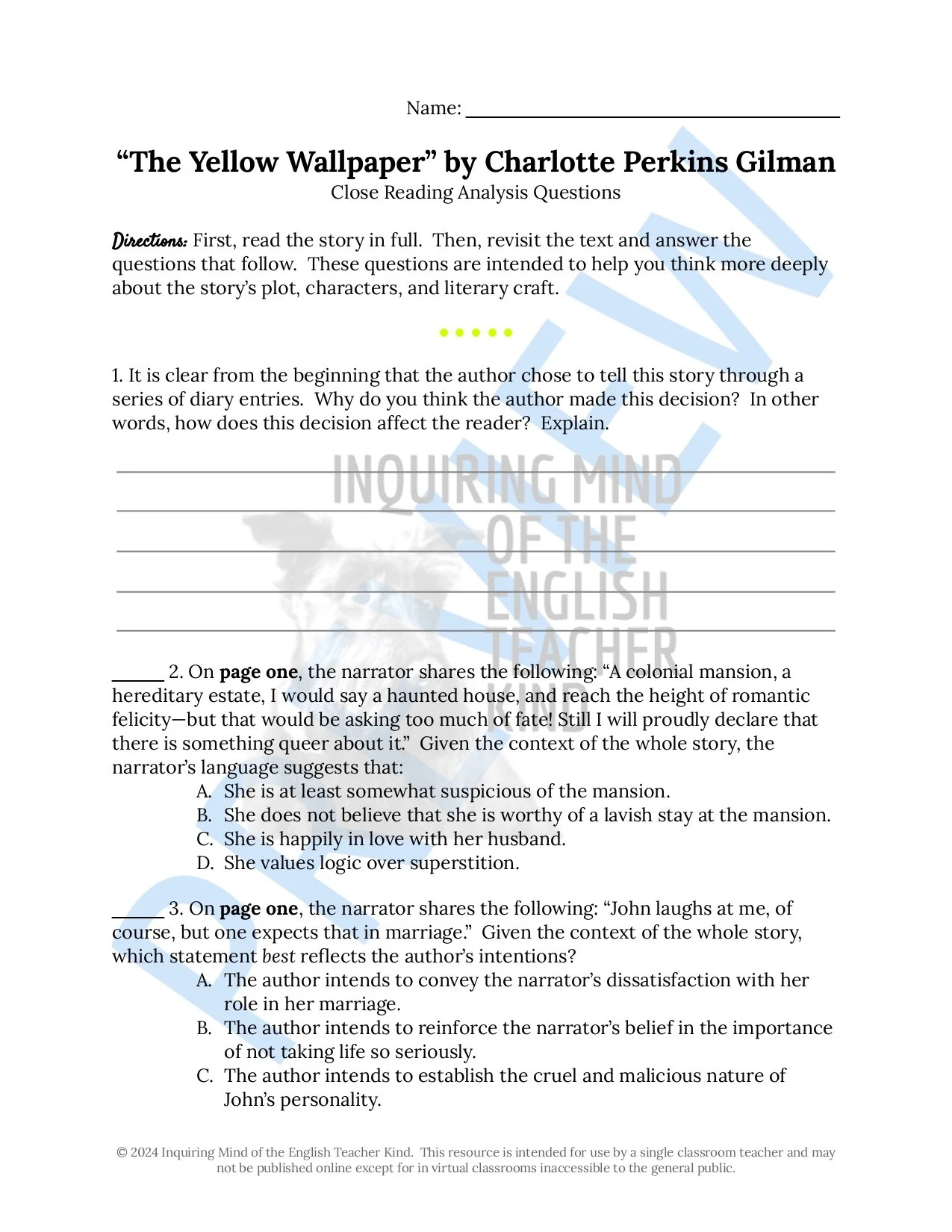 "The Yellow Wallpaper" Quiz, Close Reading, and Vocabulary Games Bundle ...