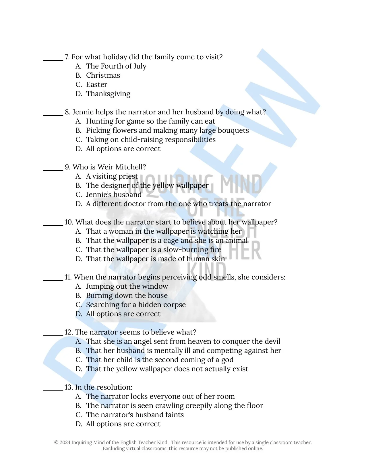 "The Yellow Wallpaper" Quiz, Close Reading, and Vocabulary Games Bundle ...