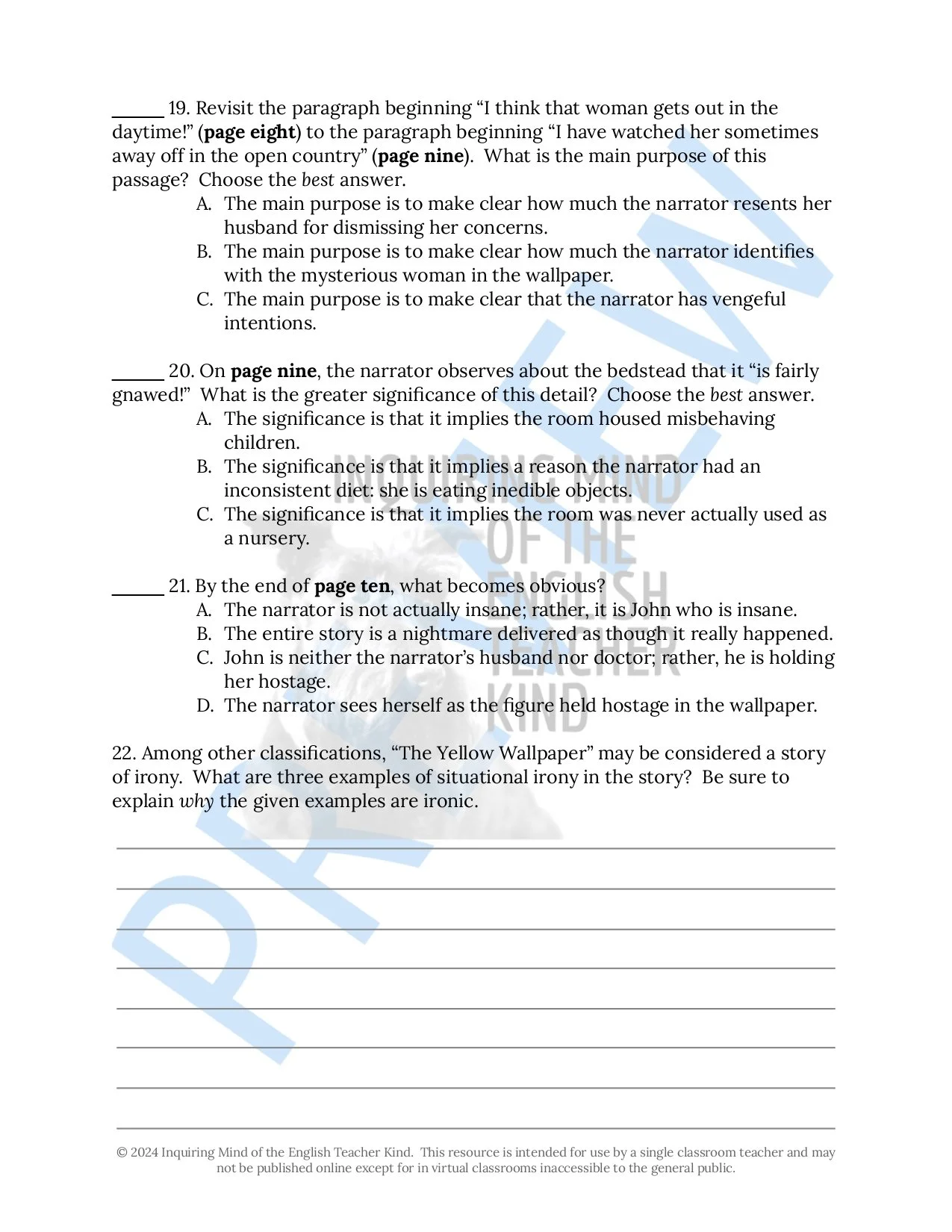 "The Yellow Wallpaper" Quiz, Close Reading, and Vocabulary Games Bundle ...