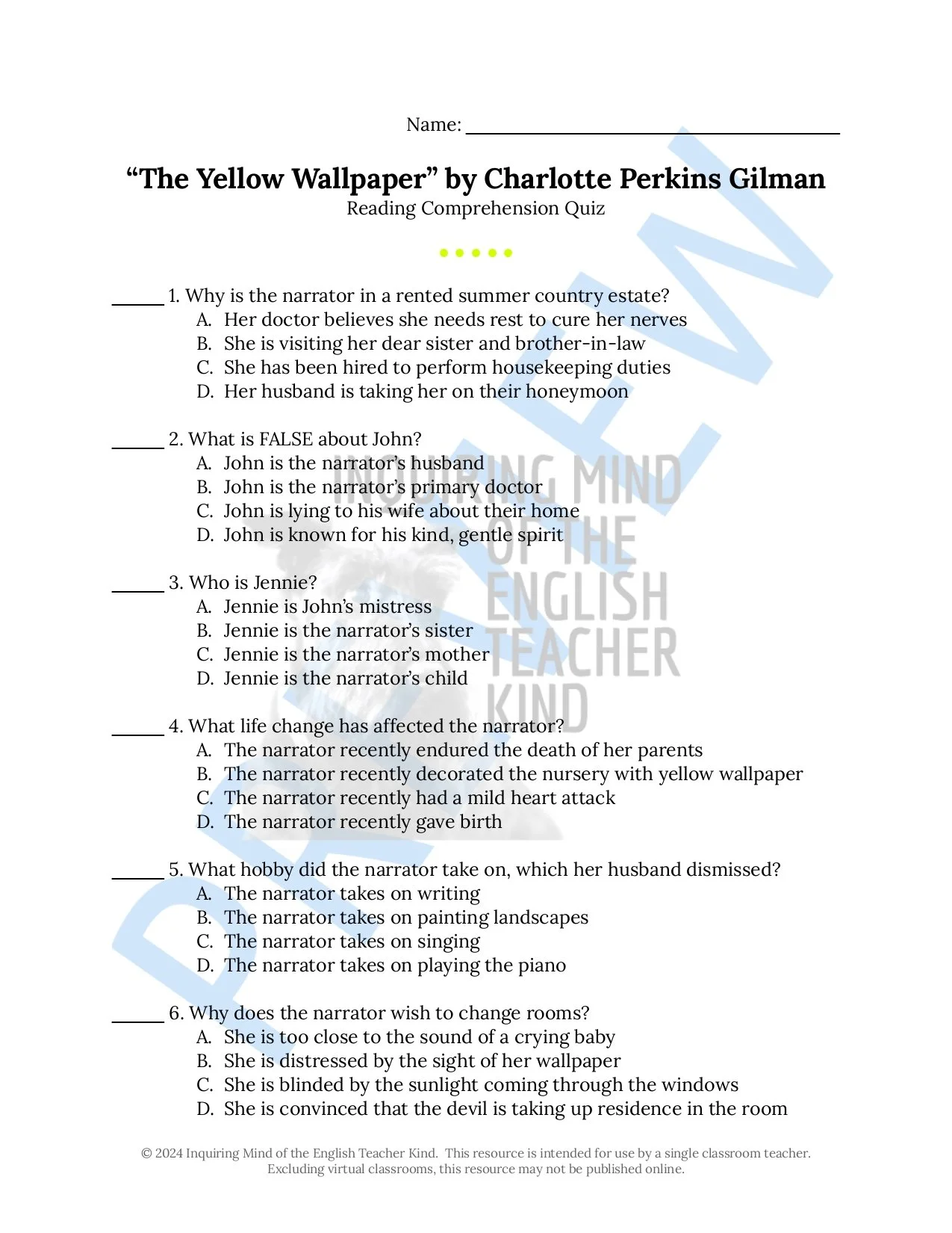 "The Yellow Wallpaper" Quiz, Close Reading, and Vocabulary Games Bundle ...