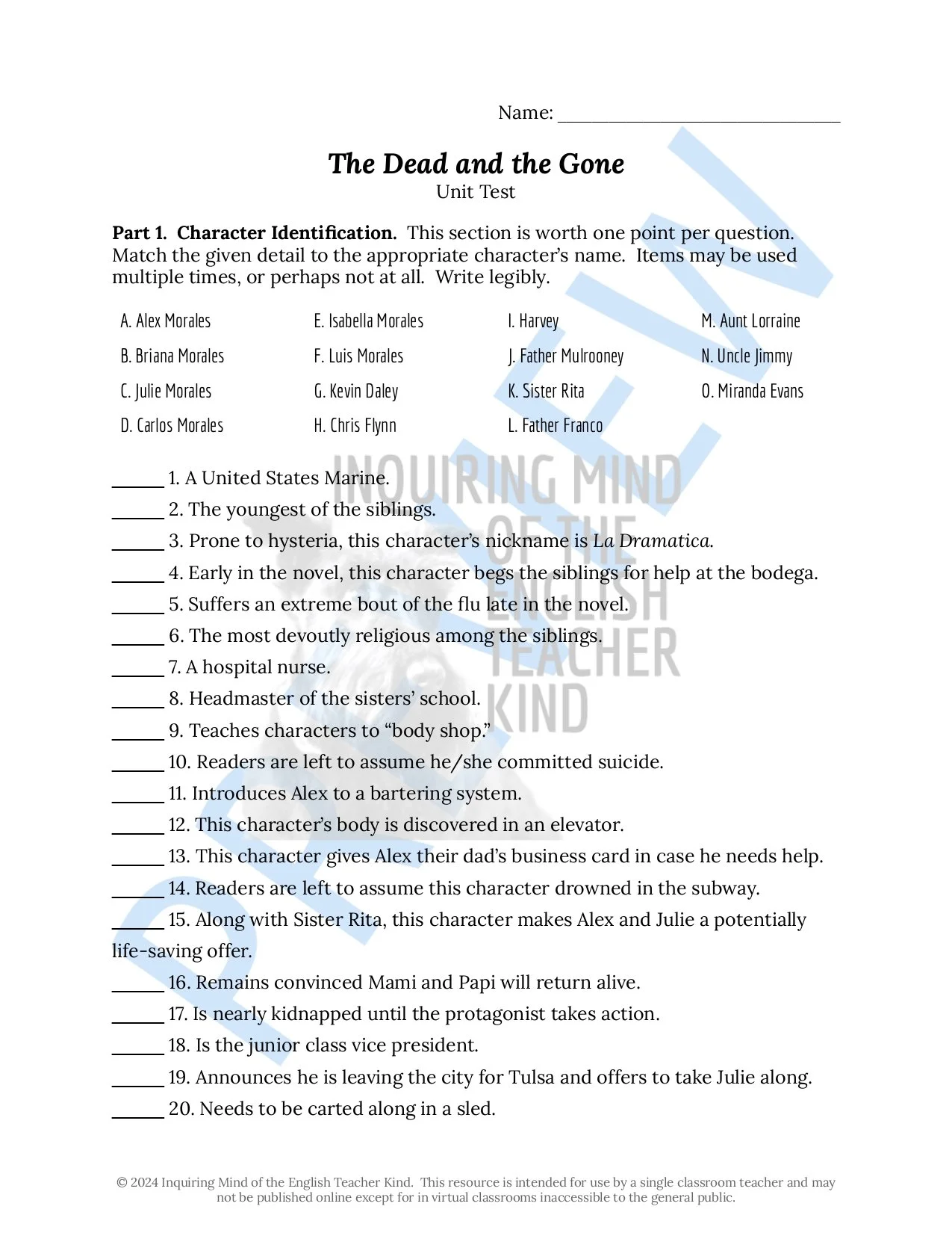 The Dead and the Gone by Susan Beth Pfeffer Test and Answer Key for ...