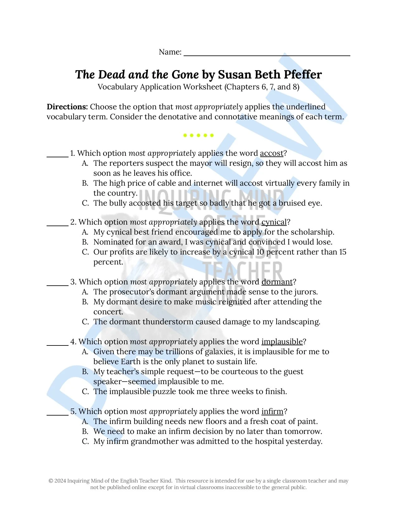 The Dead and the Gone Quiz, Close Reading, Vocabulary Games, Research ...