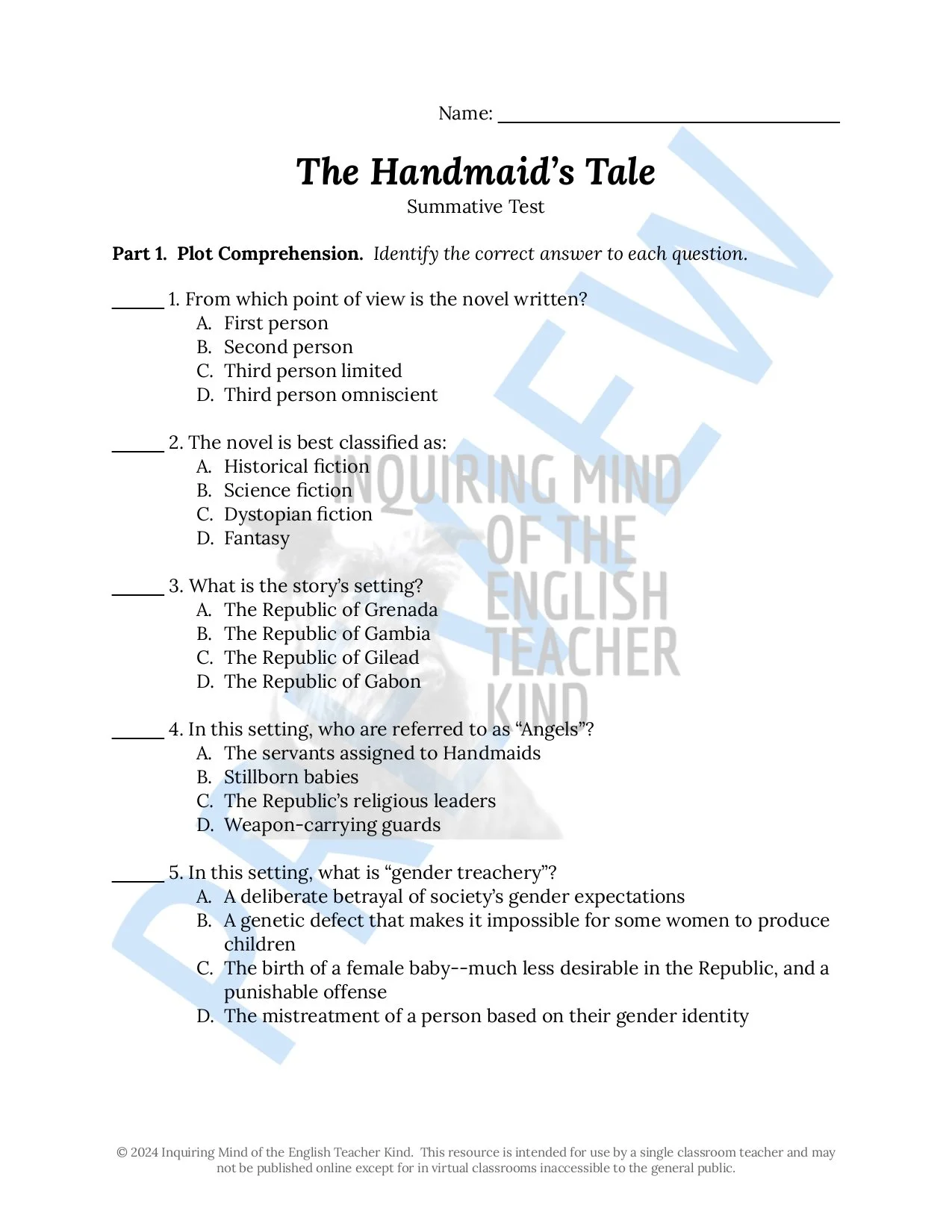 The Handmaid's Tale by Margaret Atwood Test and Answer Key for High ...