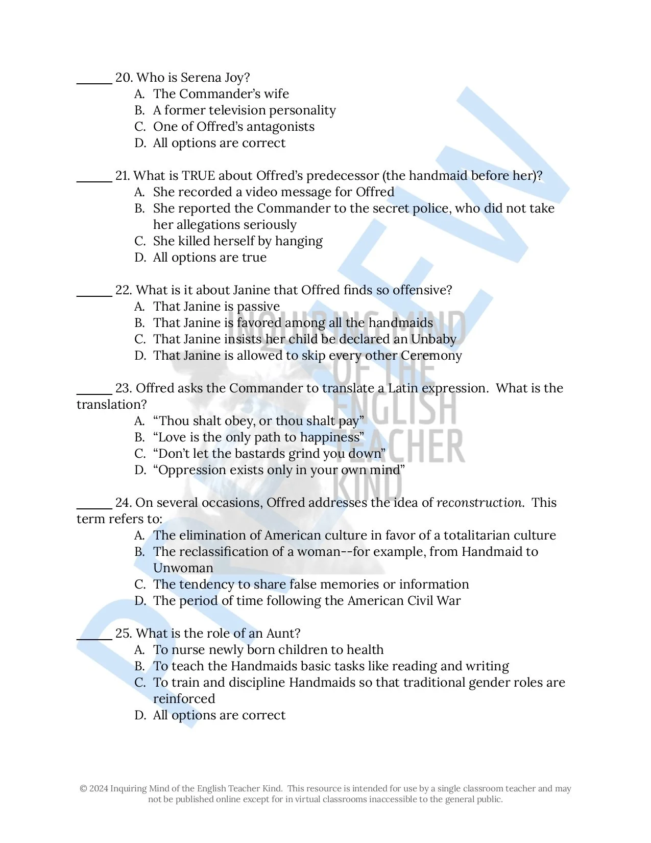The Handmaid's Tale by Margaret Atwood Test and Answer Key for High ...