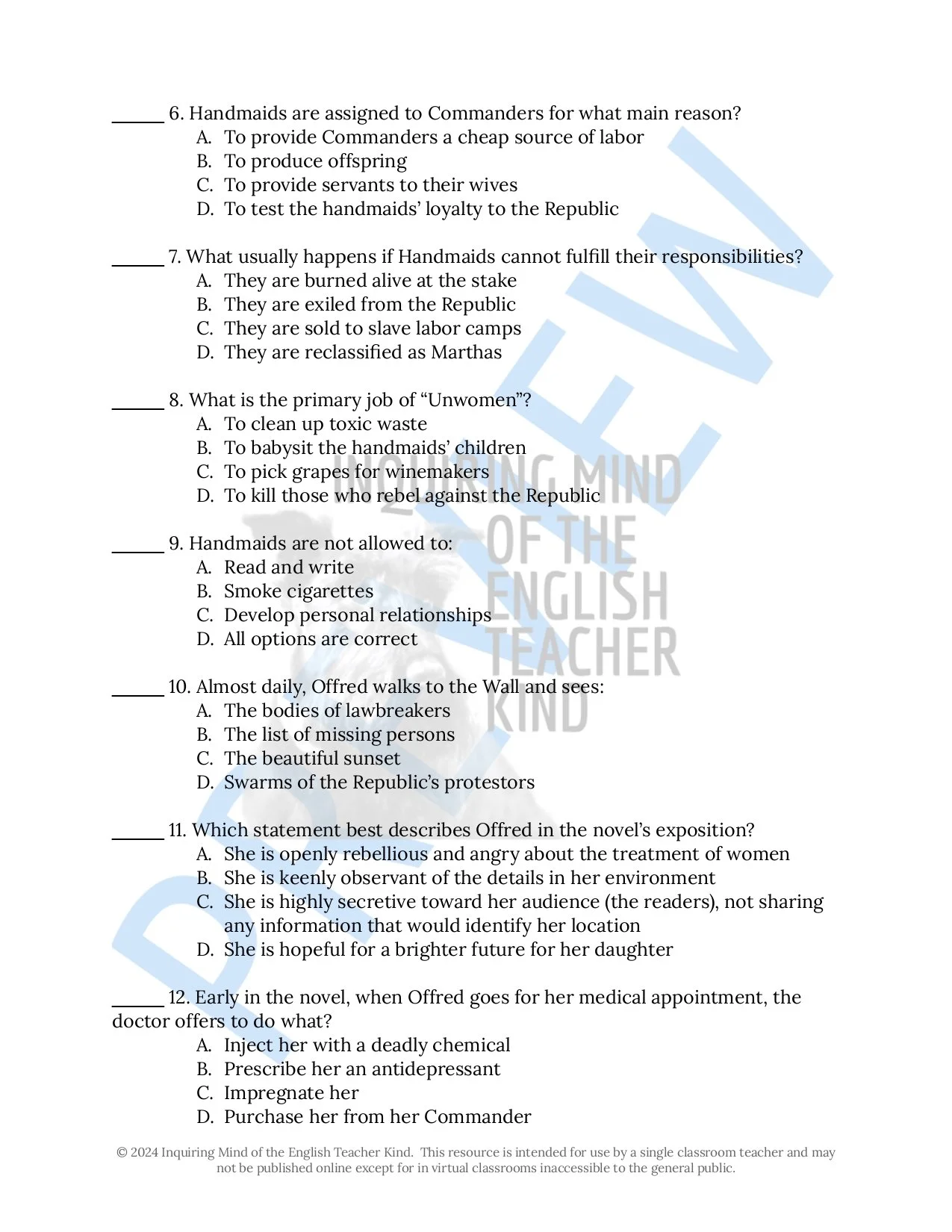 The Handmaid's Tale by Margaret Atwood Test and Answer Key for High ...