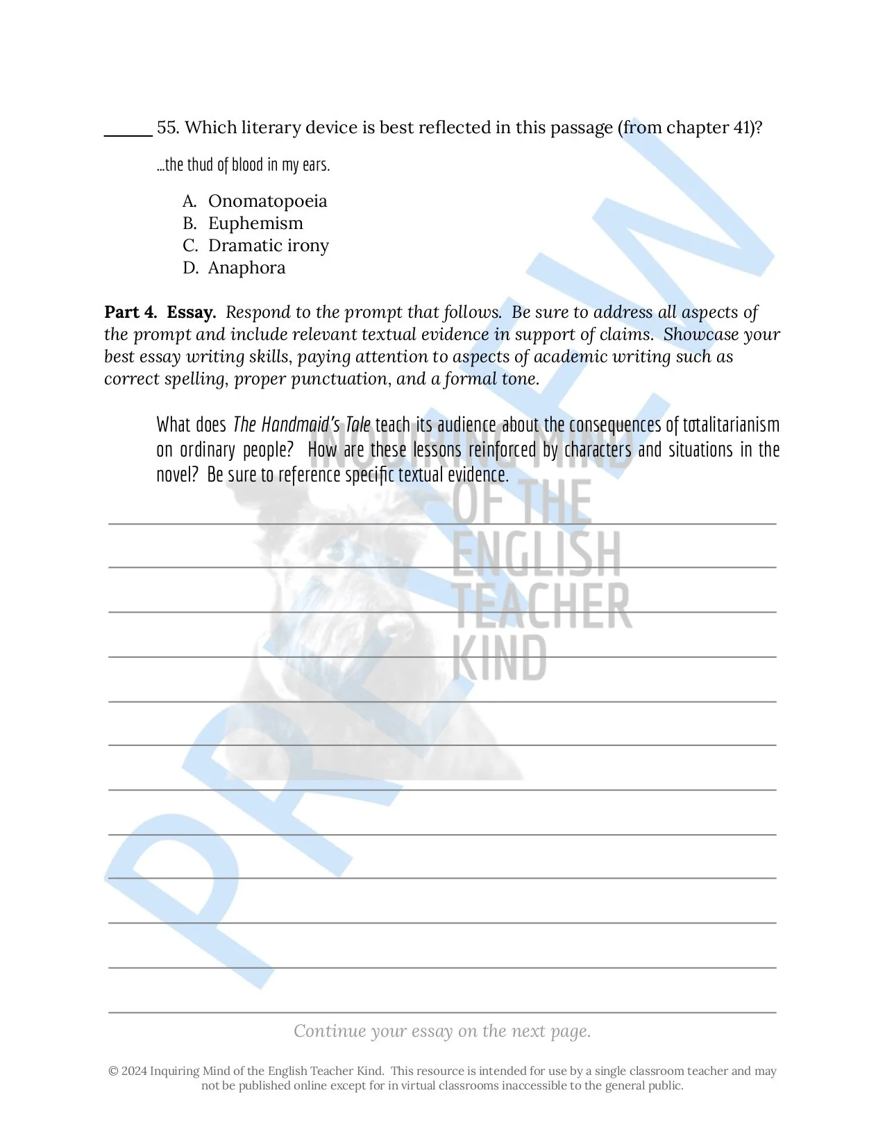 The Handmaid's Tale by Margaret Atwood Test and Answer Key for High ...