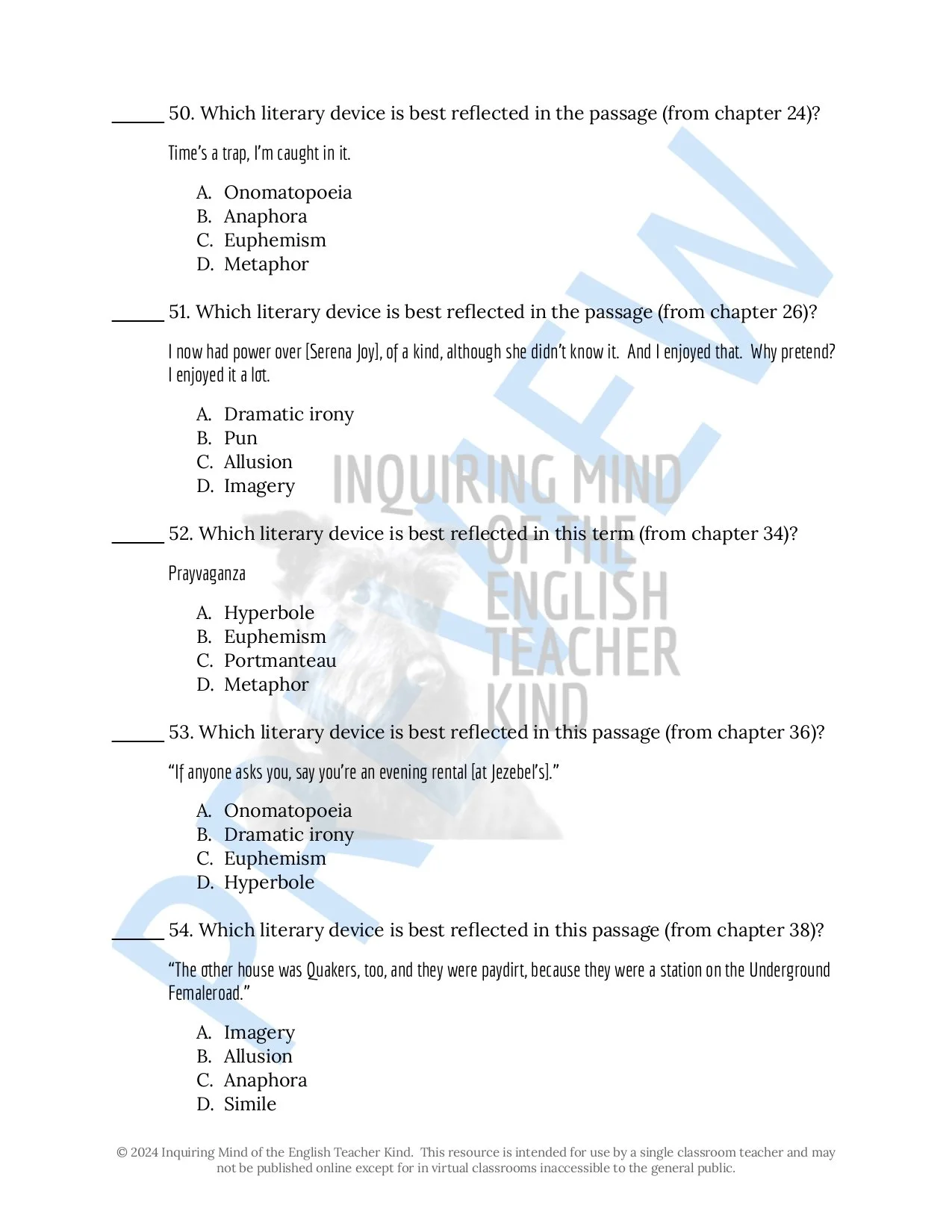 The Handmaid's Tale by Margaret Atwood Test and Answer Key for High ...
