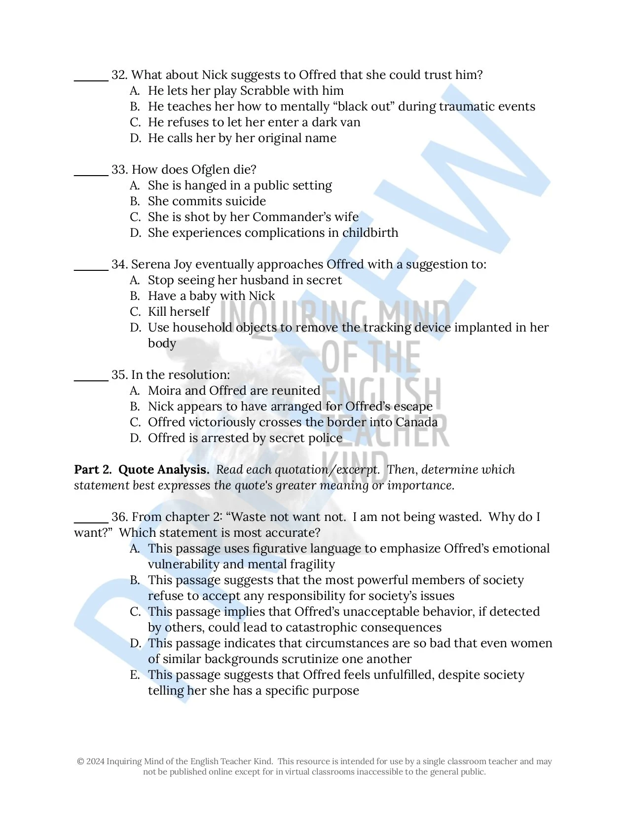 The Handmaid's Tale by Margaret Atwood Test and Answer Key for High ...