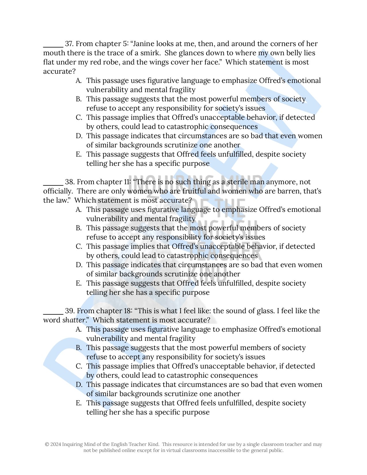 The Handmaid's Tale by Margaret Atwood Test and Answer Key for High ...