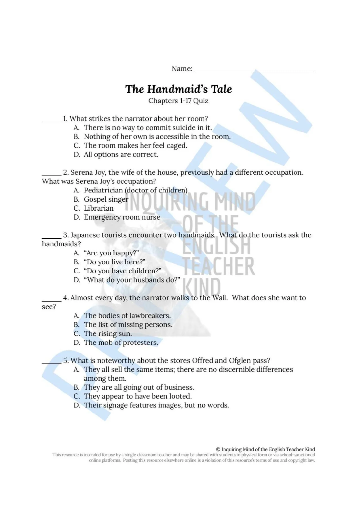 The Handmaid's Tale by Margaret Atwood Quiz and Answer Key Bundle for ...