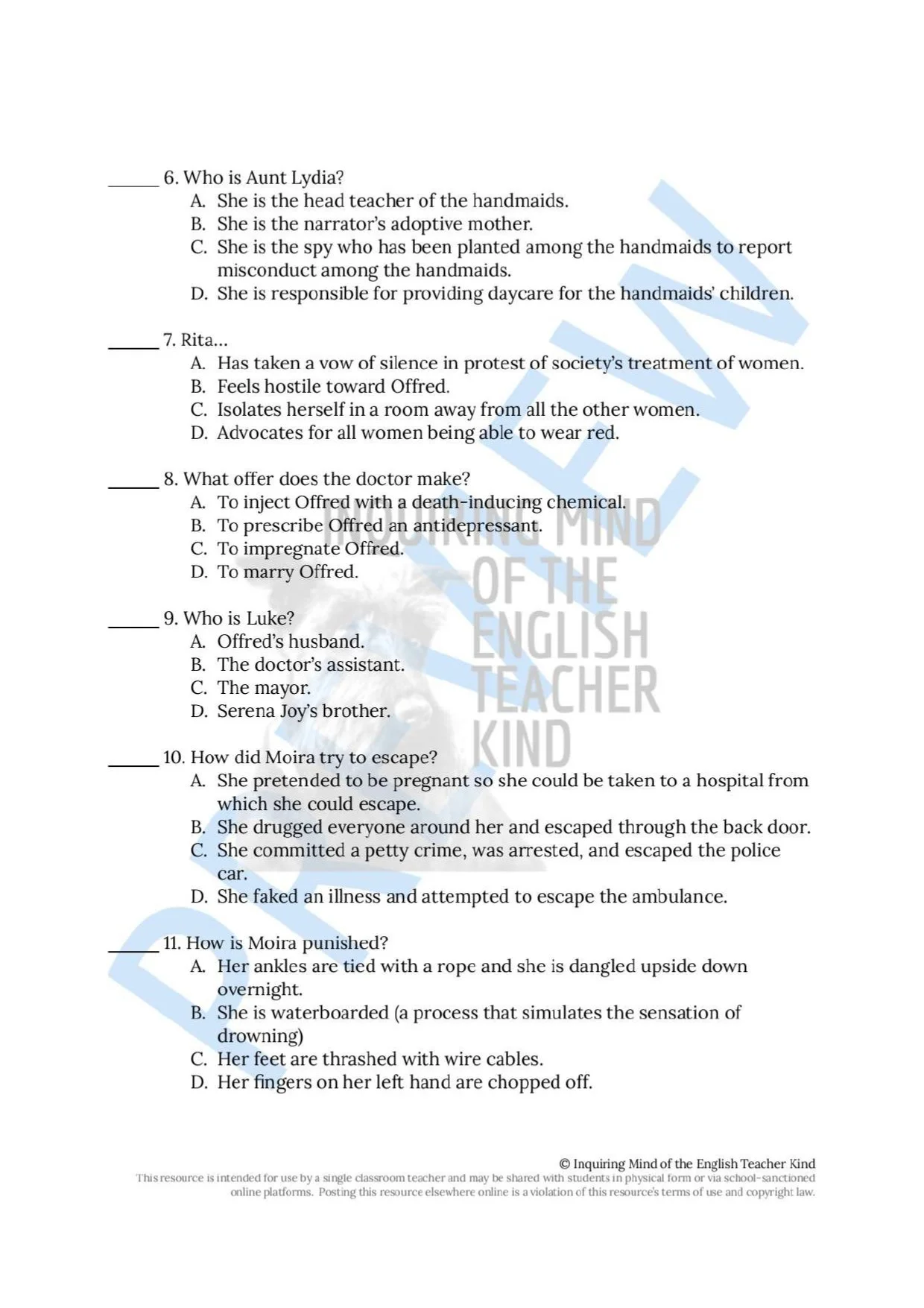 The Handmaid's Tale by Margaret Atwood Quiz and Answer Key Bundle for ...