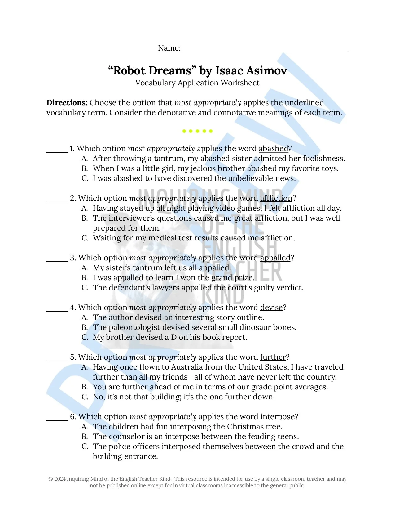 "Robot Dreams" by Isaac Asimov Quiz, Close Reading, and Vocabulary ...