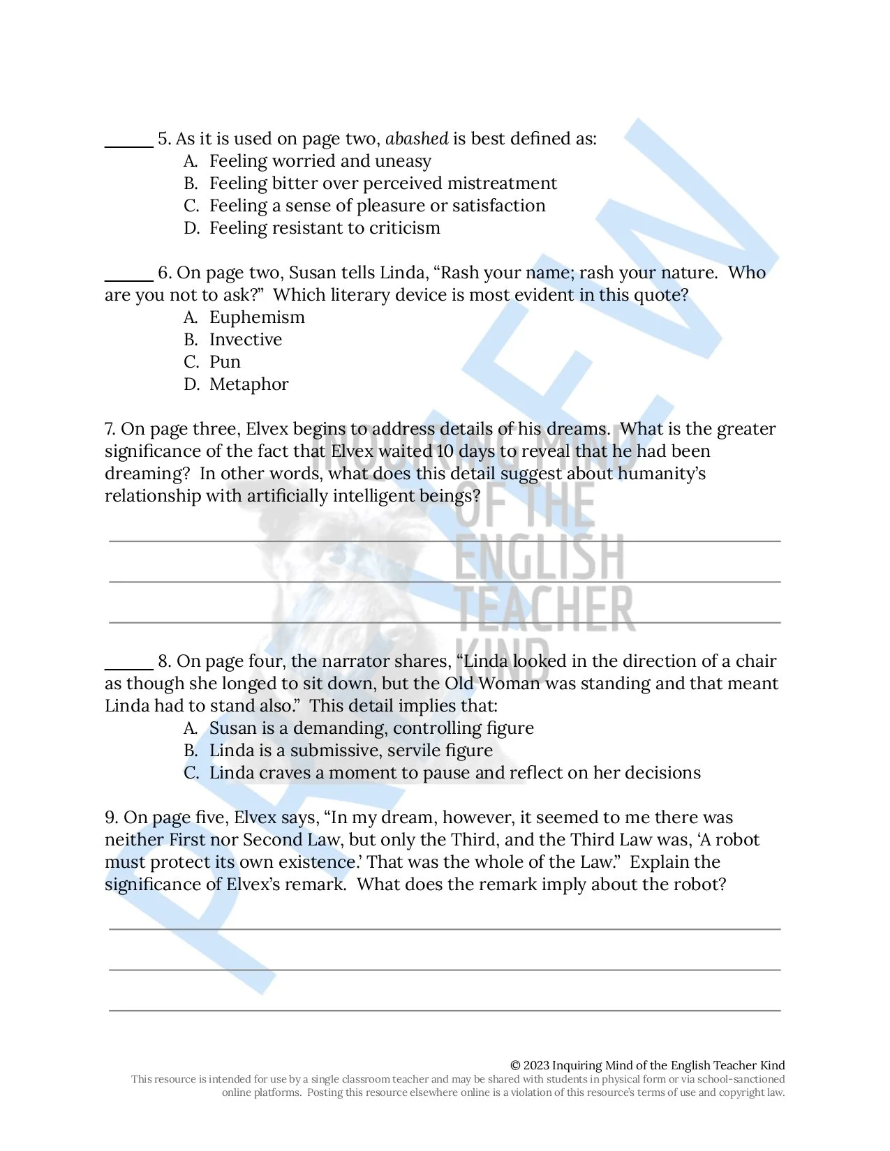 "Robot Dreams" by Isaac Asimov Quiz, Close Reading, and Vocabulary ...