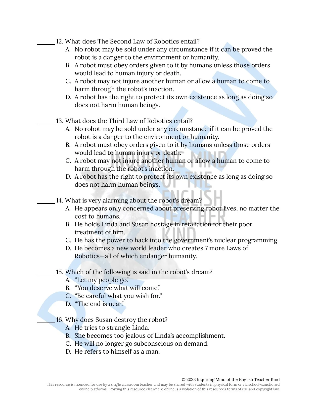 "Robot Dreams" by Isaac Asimov Quiz, Close Reading, and Vocabulary ...