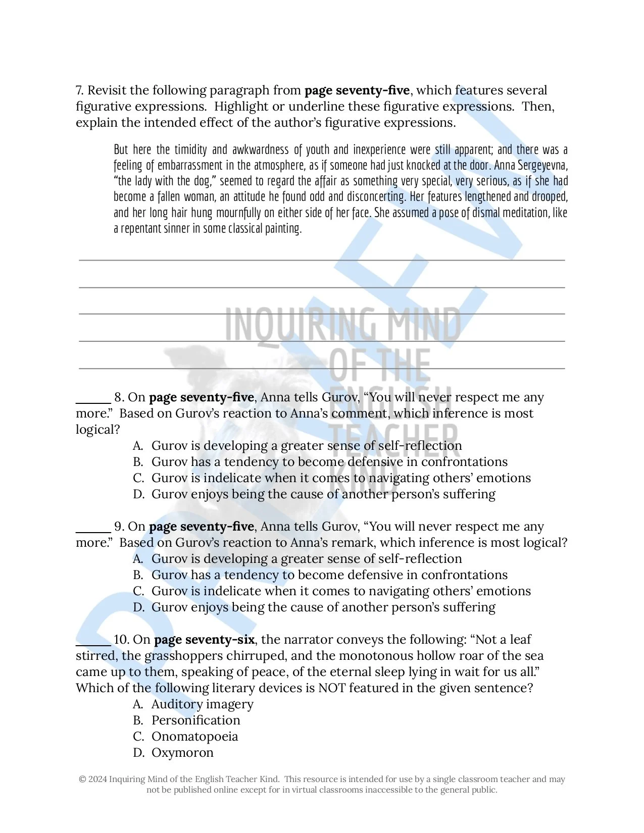 "The Lady with the Dog" by Anton Chekhov Quiz, Close Reading, and ...